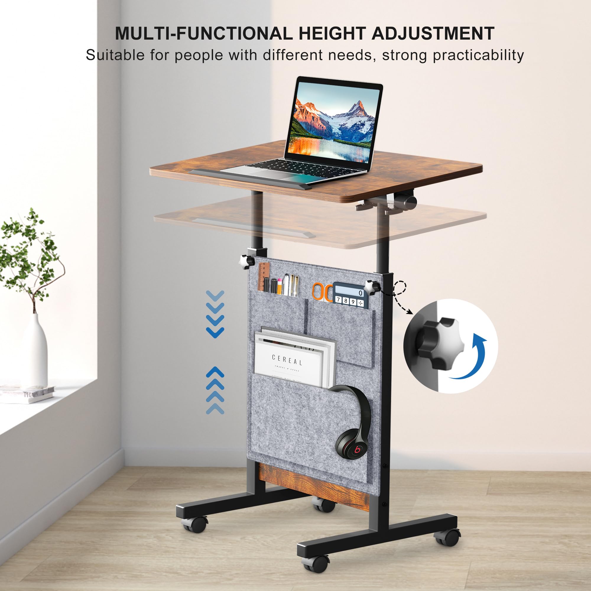 KOUPA Height Adjustable Standing Desk with Storage Bag 16 x 24 in, Portable Rolling Mobile Stand Up Table with Wheels, 360° Flip Laptop Computer Desk for Home Office, Rustic Brown