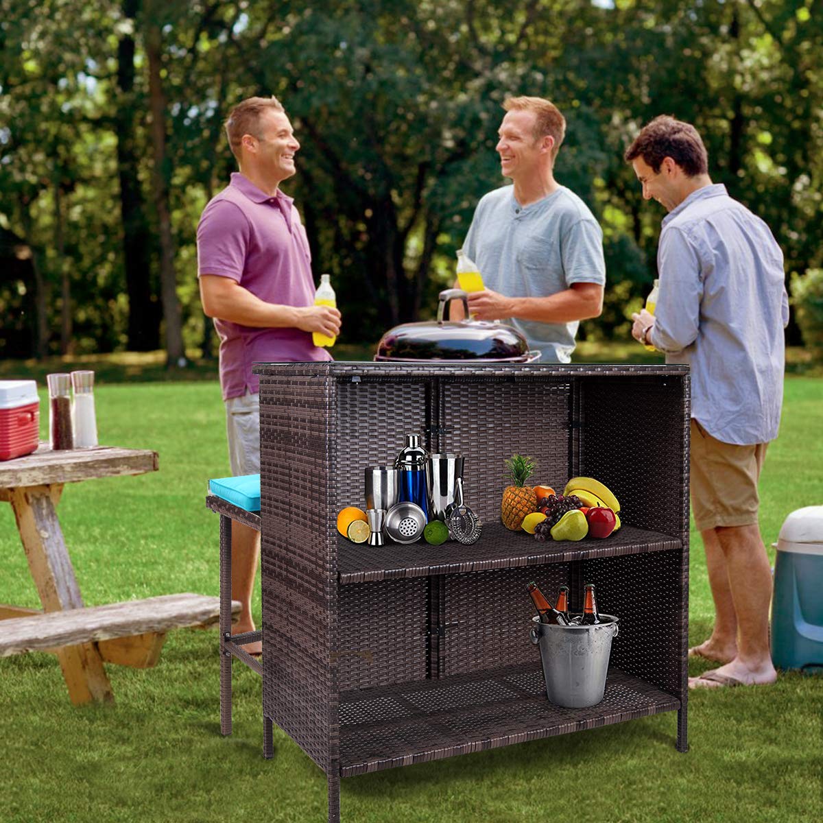Polar Aurora 3PCS Patio Bar Set with Stools and Glass Top Table Patio Wicker Outdoor Furniture with Blue Removable Cushions for Backyards, Porches, Gardens or Poolside