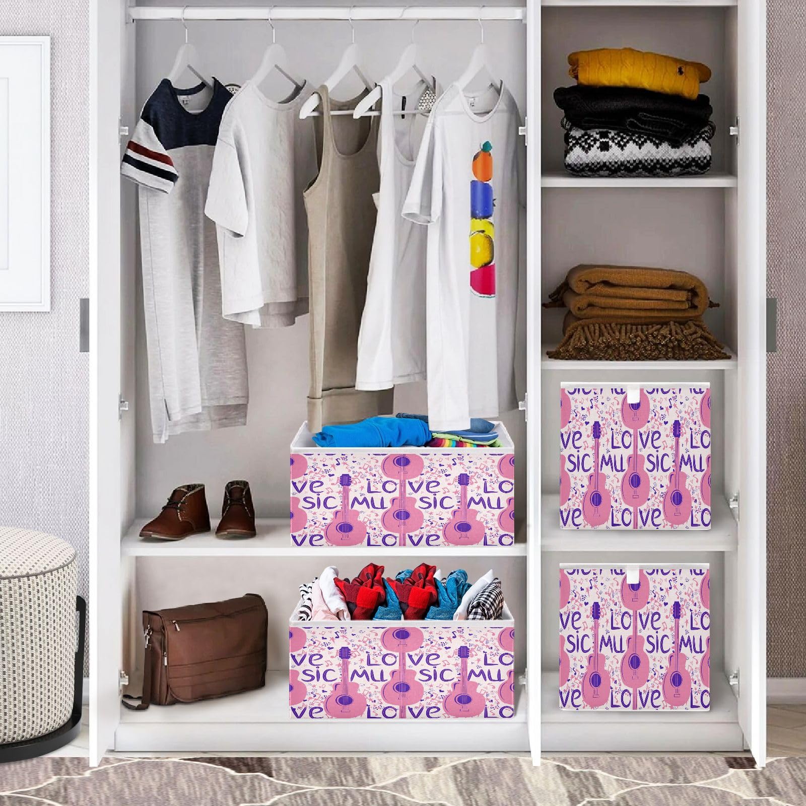 QUGRL Pink Guitars Storage Bins Cube Music Theme Clothes Storage Basket Foldable Storage Box Organizer for Shelves Closet Cabinet Office Dorm Bedroom 11x11 in
