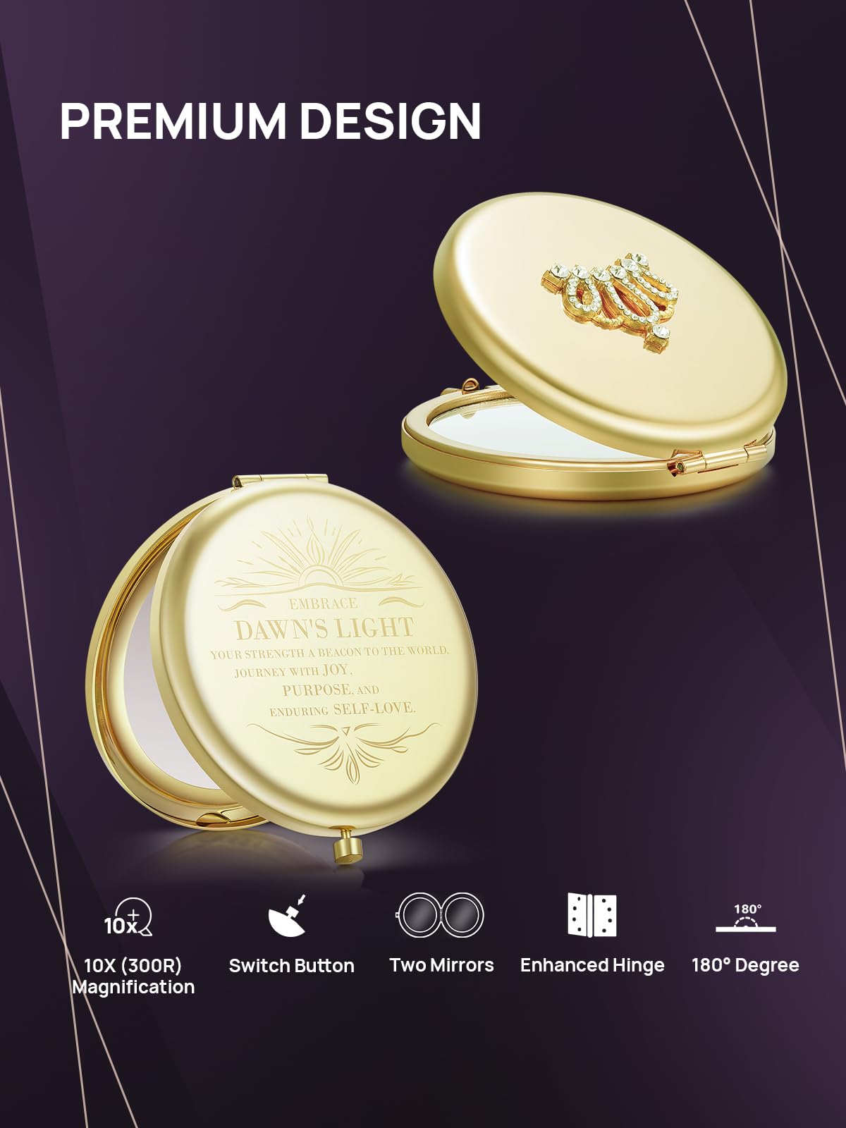 OMIRO Compact Mirror, Mini Small Diamond 1X/2X Magnifying Round Metal Pocket Makeup Mirror (Rose Gold)