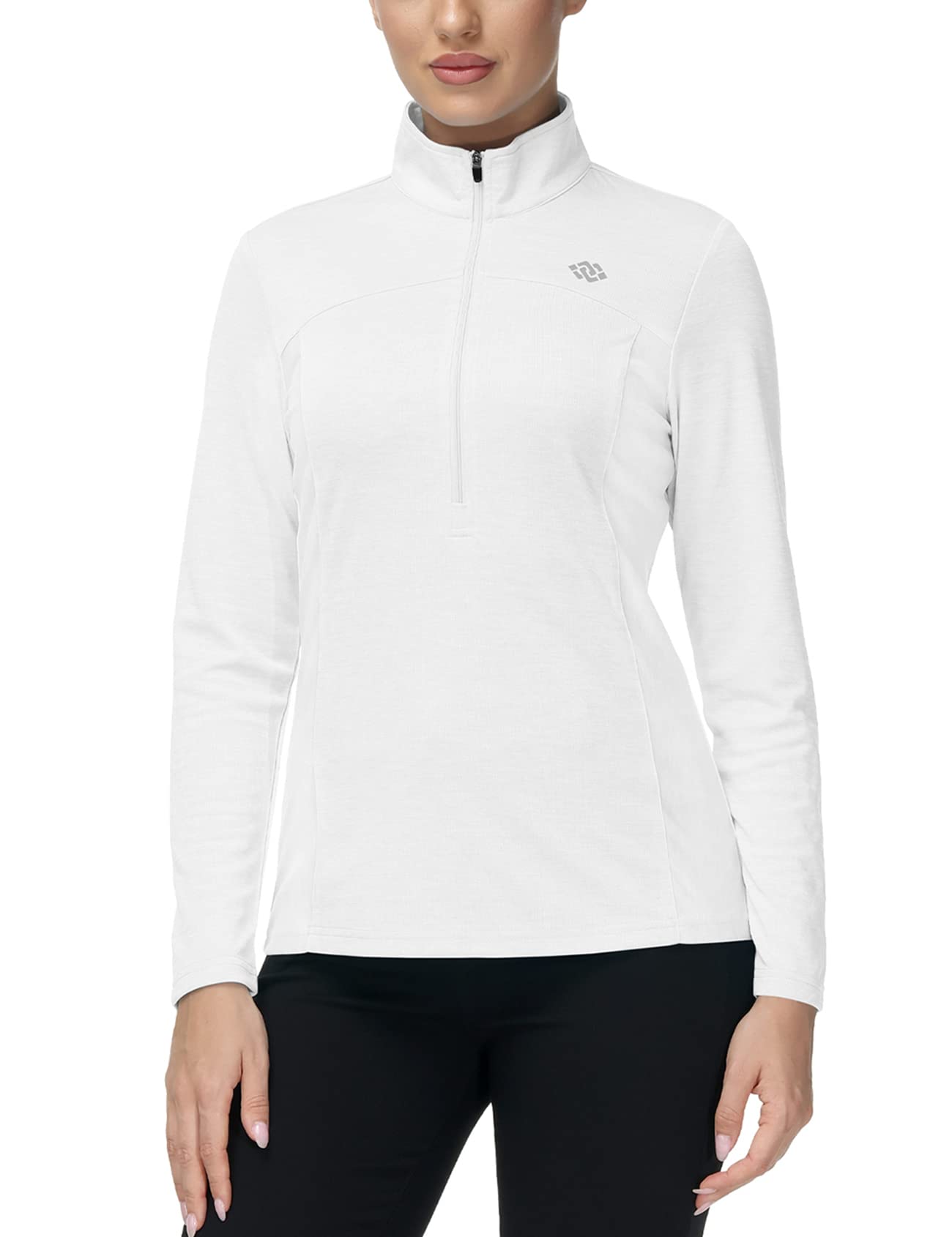 MoFiz Women's Long Sleeve Hiking Shirt Lightweight Athletic Tops with Half Zip Quick Dry Golf Pullover, White, 2XL