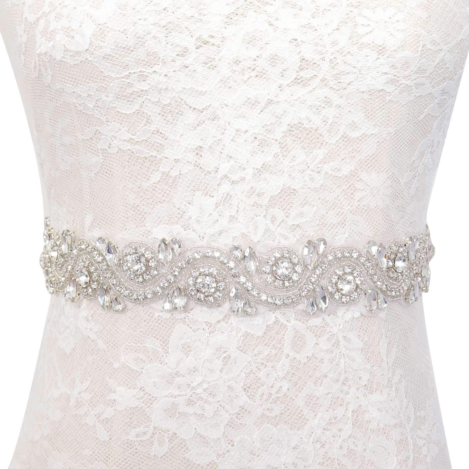 Pardecor Wedding Sash Dress Belt Women Rhinestone Applique Bridal Belt Silver Crystal Trim Belt Ivory Ribbon for Wedding Plus Size Rhinestone Belt for Formal Dress