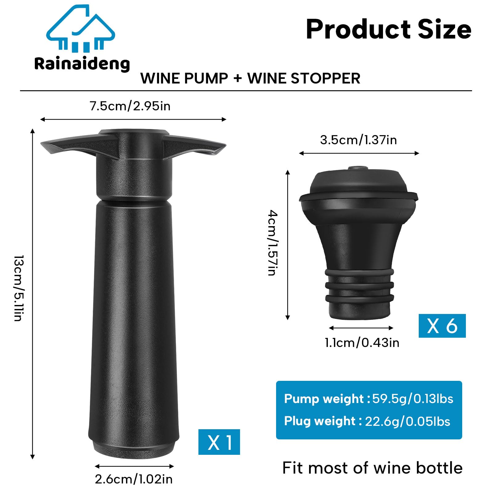 Rainaideng Wine Saver Pump with 6 Vacuum Stoppers,Wine Stopper, Wine Preserver, Wine Pump and Wine Vacuum Stopper are Black,Reusable Bottle Sealer Keeps Wine Fresh, Ideal Wine Accessories Gift