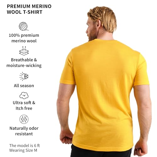 Merino.tech Merino Wool T-Shirt Mens - 100% Organic Merino Wool Undershirt Lightweight Base Layer + Hiking Wool Socks (X-Large, Mustard)