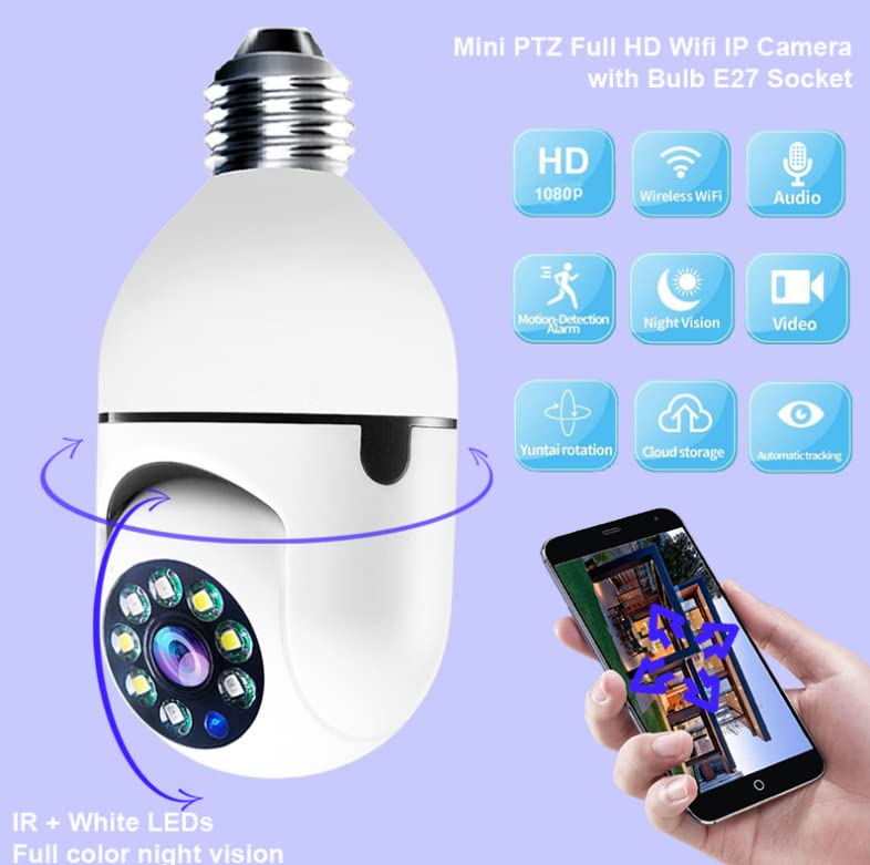 Set of Two 360 Degree Indoor Security Cameras + Two Plug Bulb Socket Adapter, 2.4G WiFi Light Bulb Camera, 1080p Home Security Surveillance Camera, Motion Detection, Two-Way Audio