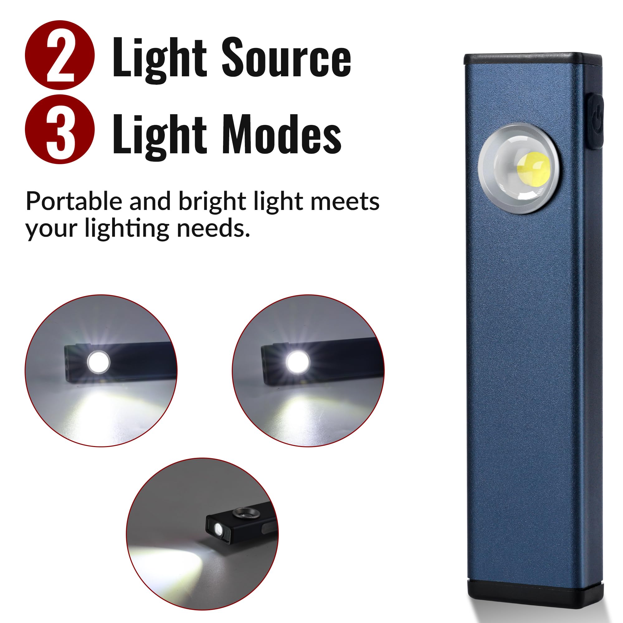 lexall Rechargeable Work Light, 600 Lumens Portable LED Flashlight, Magnetic COB Flat Task Light with Pocket Clip, 3 Modes, Pocket Pen Inspection Light for Repairing, Camping, Hiking, Emergency(2pcs)