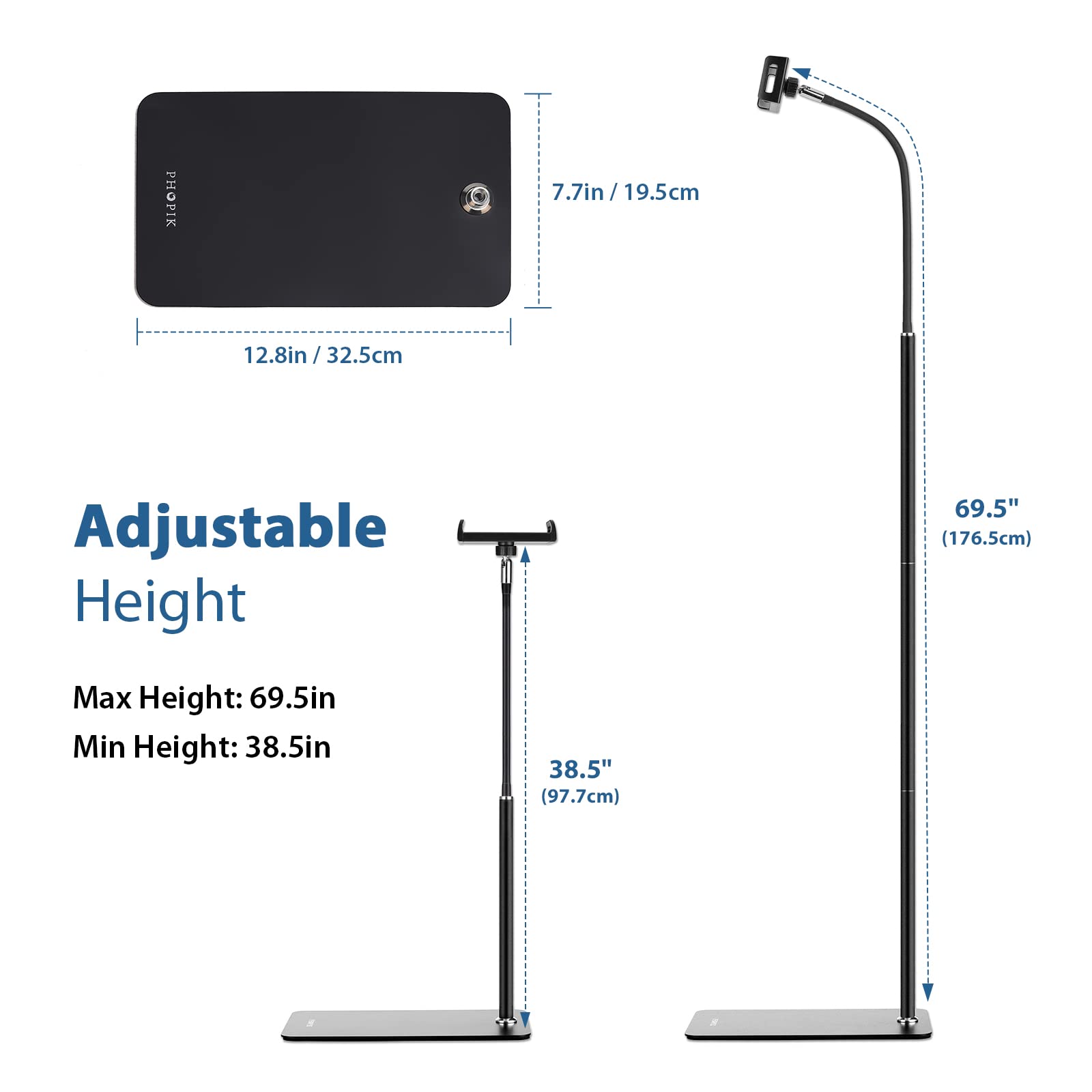 PHOPIK Tablet Floor Tripod Stand - 69.5" Adjustable Height Flexible Gooseneck Ipad Tripod Stand - Compatible with iPad Mini, All Cell Phones iPhone & Tablets (4.3''-9.8'')