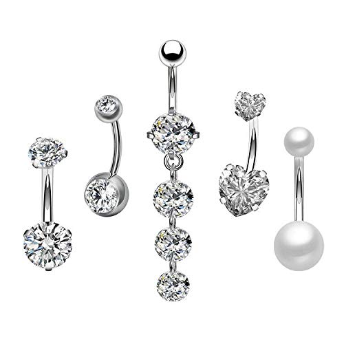 Melighting 5pcs Belly Button Rings 14G Belly Rings Stainless Steel 316L Dangle Belly Piercing Jewelry for Women Pack Clear CZ Belly Piercing Random Shipment