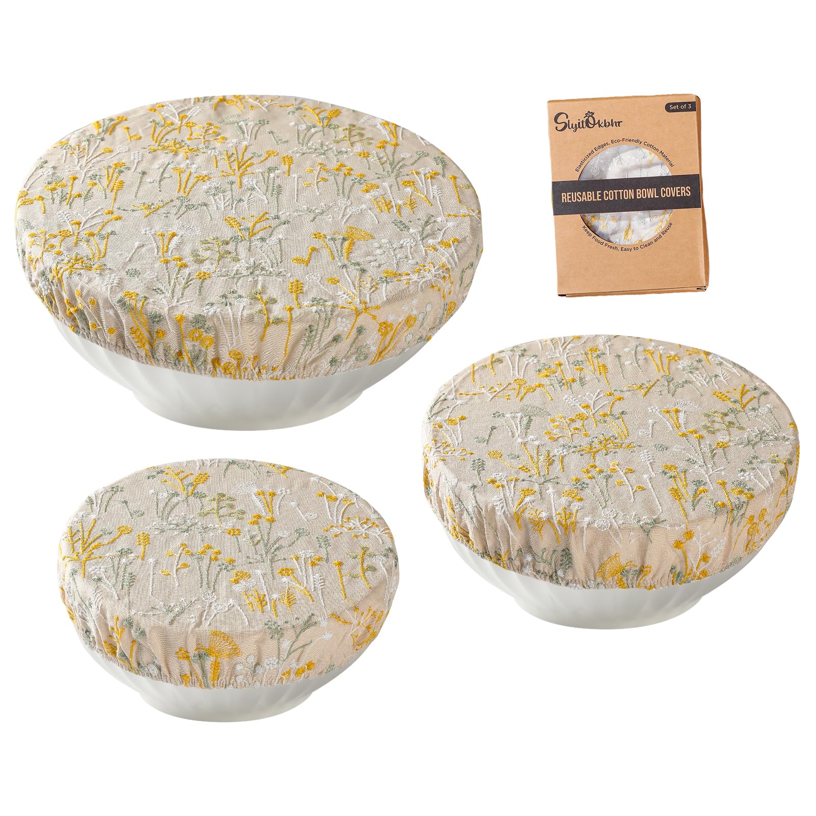 Slyitokbhr Reusable Bowl Covers for Bread Proofing Baking Embroidered Dandelion Linen Cotton Cloth Fabric Washable with Elastic Cover for Food Fruit Salad Eco-friendly (Beige Dandelion)