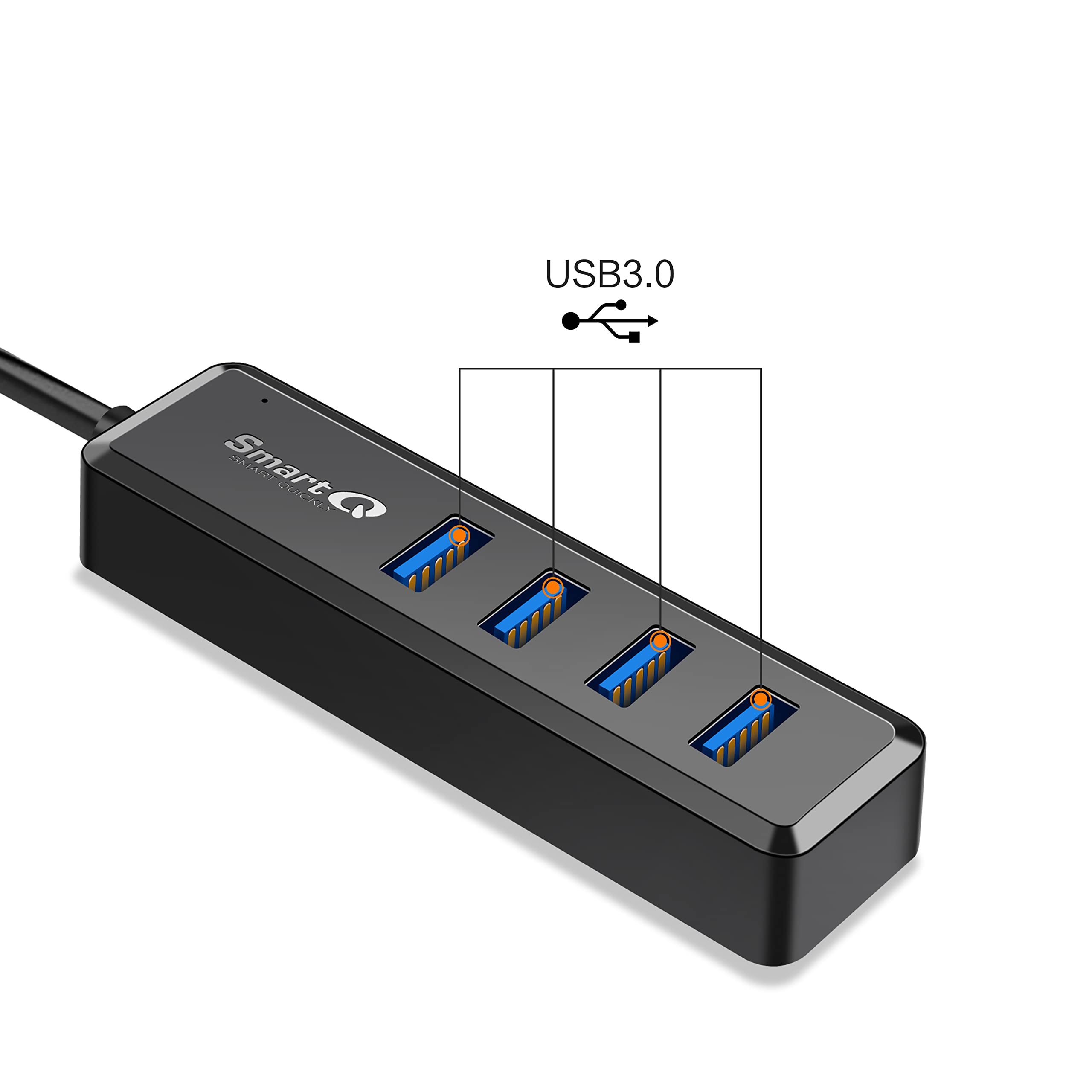 SmartQ H302 4-Port USB 3.0 Hub Long Cable 1ft 3ft with Micro-B Charging Port, Fast Data Transfer USB Hub, Compatible Windows PC, Mac, Surface Pro, Laptop, Printer (USB C - 2 ft)
