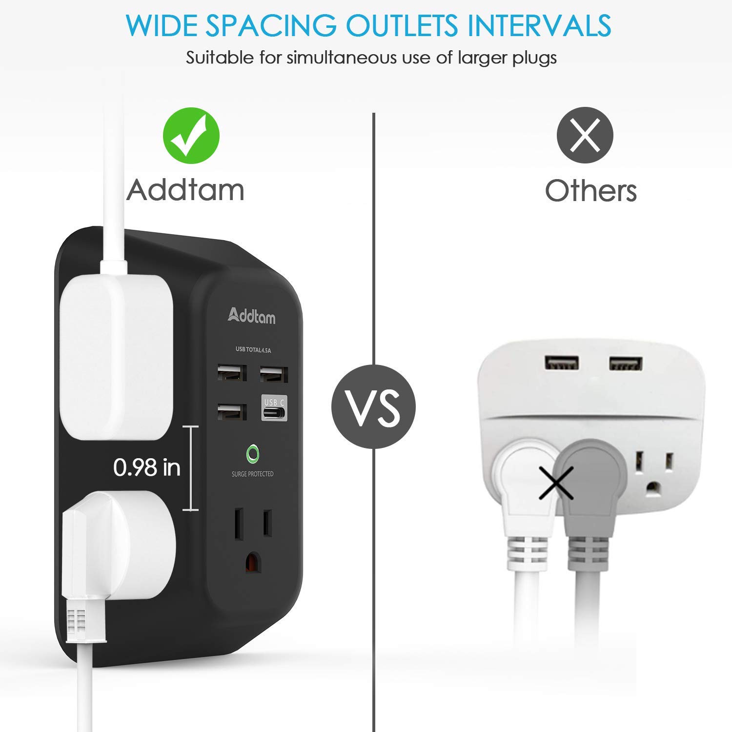 Power Strip Surge Protector, Addtam 6 Outlets and 3 USB Ports 5Ft Long Extension Cord and USB Wall Charger Surge Protector - Addtam 5 Outlet Extender with 4 USB Charging Ports (1 USB C, 4.5A Total)