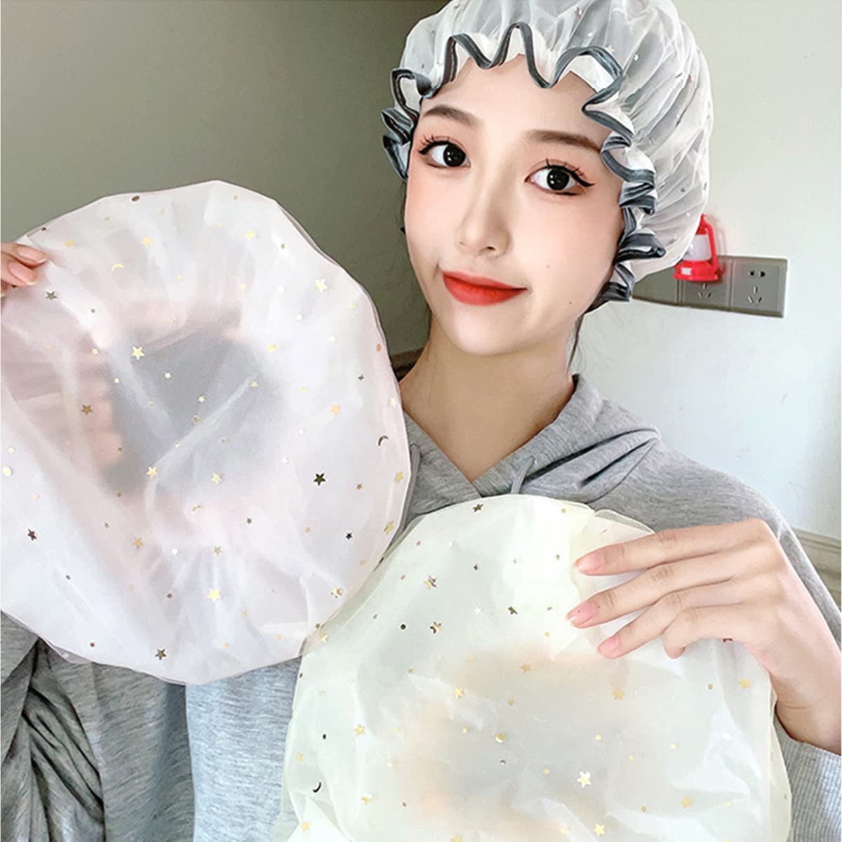 Shower Cap, Double Layer Waterproof Lace Hair Cap Reusable Plastic Elastic Bathing For Spa, Home, Hotel and Hair Salon (Pink)