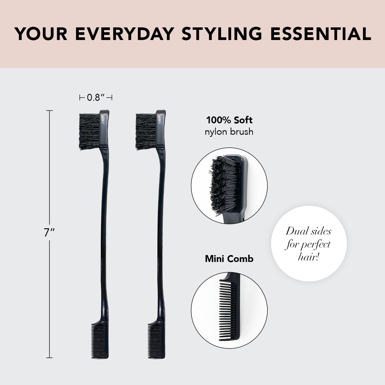 Kitsch Hair Edge Control Brush & Baby Hair Brush Comb Set, Double Sided Edge Fixer & Hair Styling Brush with Soft Nylon Bristles, Dual Edges for Grooming & Tame Flyaways, Combo Pack 2 Pieces (Black)