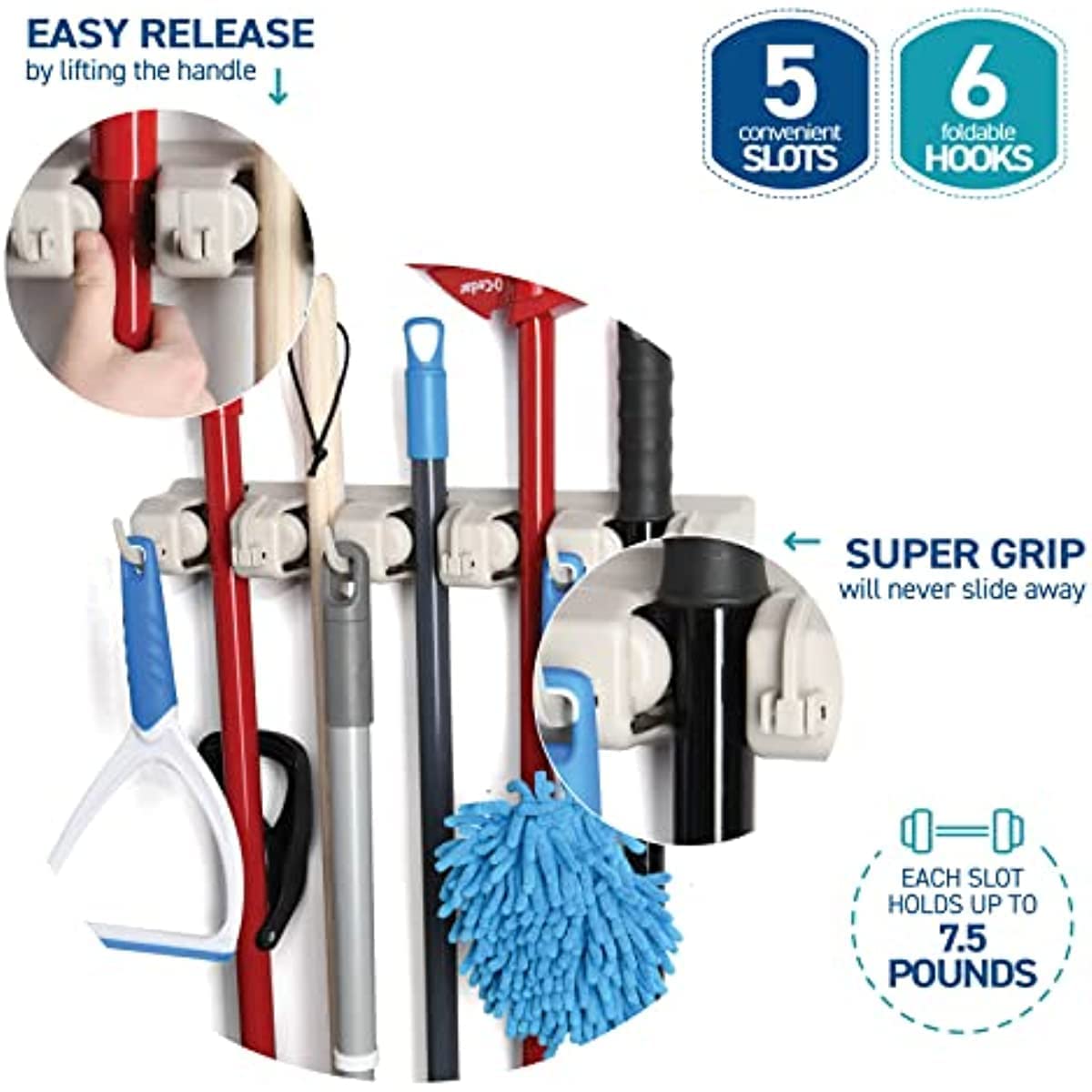 SHUPFA Broom Holder Wall Mount,Storage Rack,5 Position with 6 Hooks,Storage System Broom Organizer.