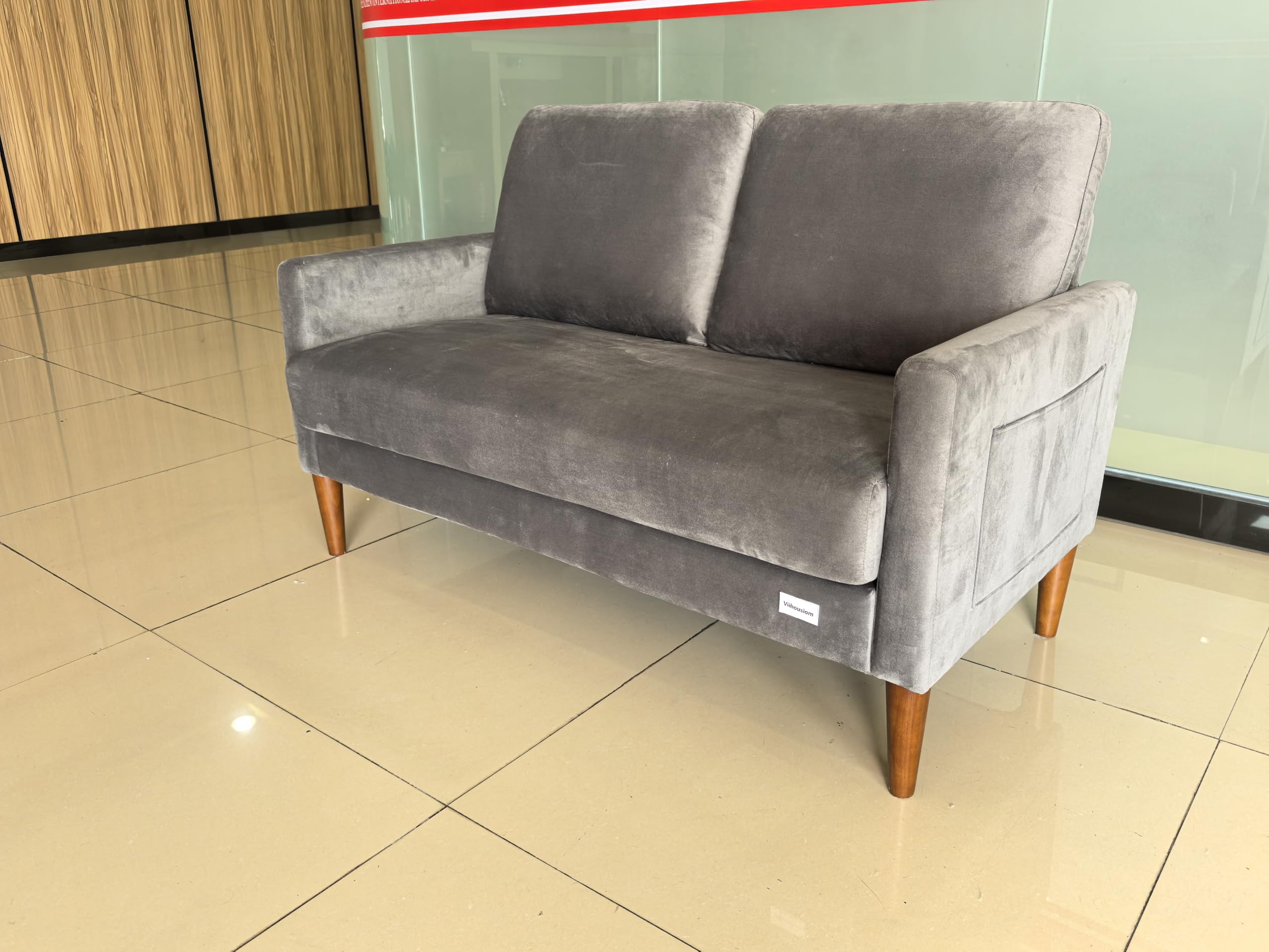 Viihousiom 55" Small Sofa Couch Mid Century Modern Velvet Couch for Small Spaces, Loveseat Sofa for Bedroom and Living Room, Removable Sofa Cover, Easy to Install, Grey