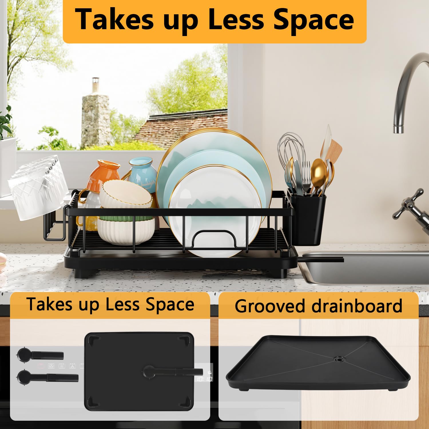 Naturous Dish Drying Rack, Durable Stainless Steel Dish Racks for Kitchen Counter, Space-Saving Compact Dish Rack with Drainborad and Swivel Spout