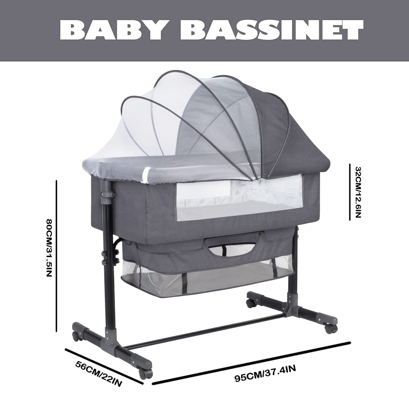 RICUTON Bassinet Bedside Sleeper, 3 in 1 Bedside Bassinet for Baby with Mosquito Nets and Wheels, Large Storage Bag, Heigt Adjustable, Easy Assemble