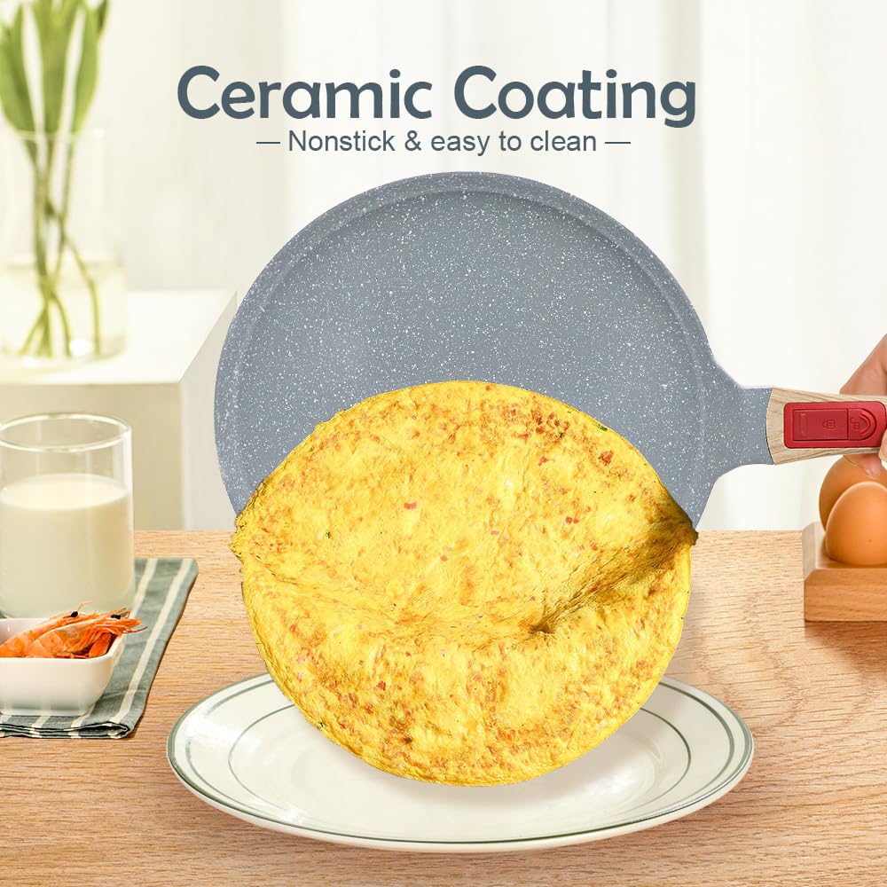 RANXINGST Nonstick Ceramic Crepe Pan, 8 Inch Dosa Pan Pancake Pan with Detachable Handle Round Griddle - Blue