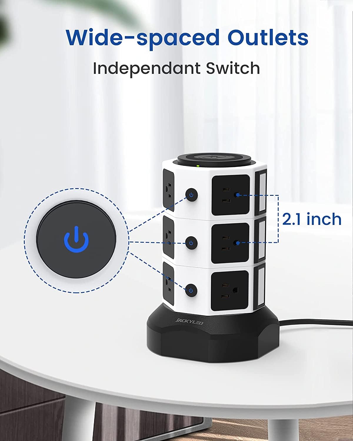 Power Strip Tower with Wireless Charger - Surge Protector with USB, JACKYLED Electric Outlet 13A 10 AC Outlets 4 USB Ports 6.5ft Extension Cord for School Dorm Office Home Desktop Computer White Black