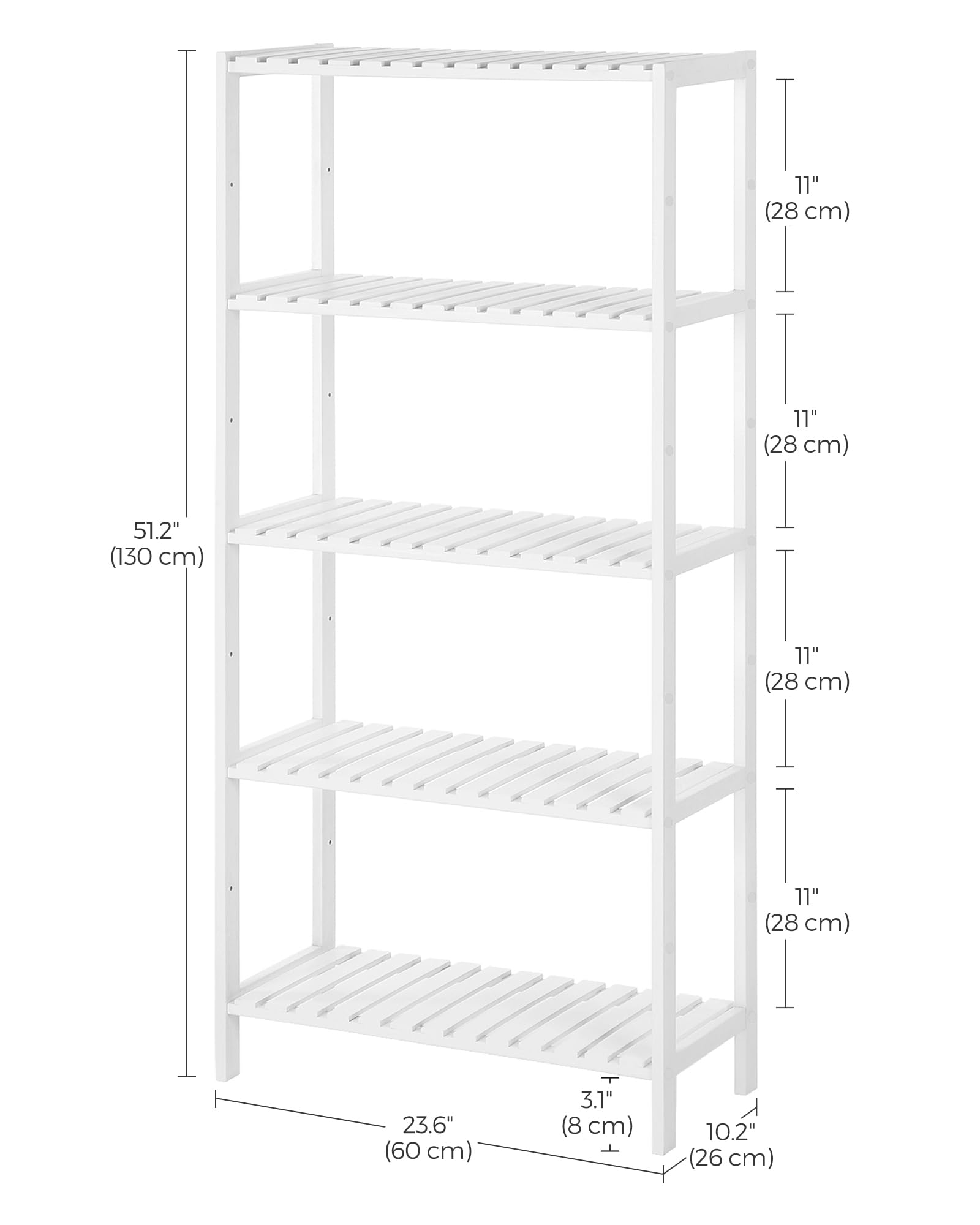 SONGMICS Bamboo Storage Shelf, 5-Tier Shelving Unit, Multifunctional, in The Entryway, Bathroom, Living Room, Balcony, Kitchen, 10.2 x 23.6 x 51.2 Inches, White UBCB35WT