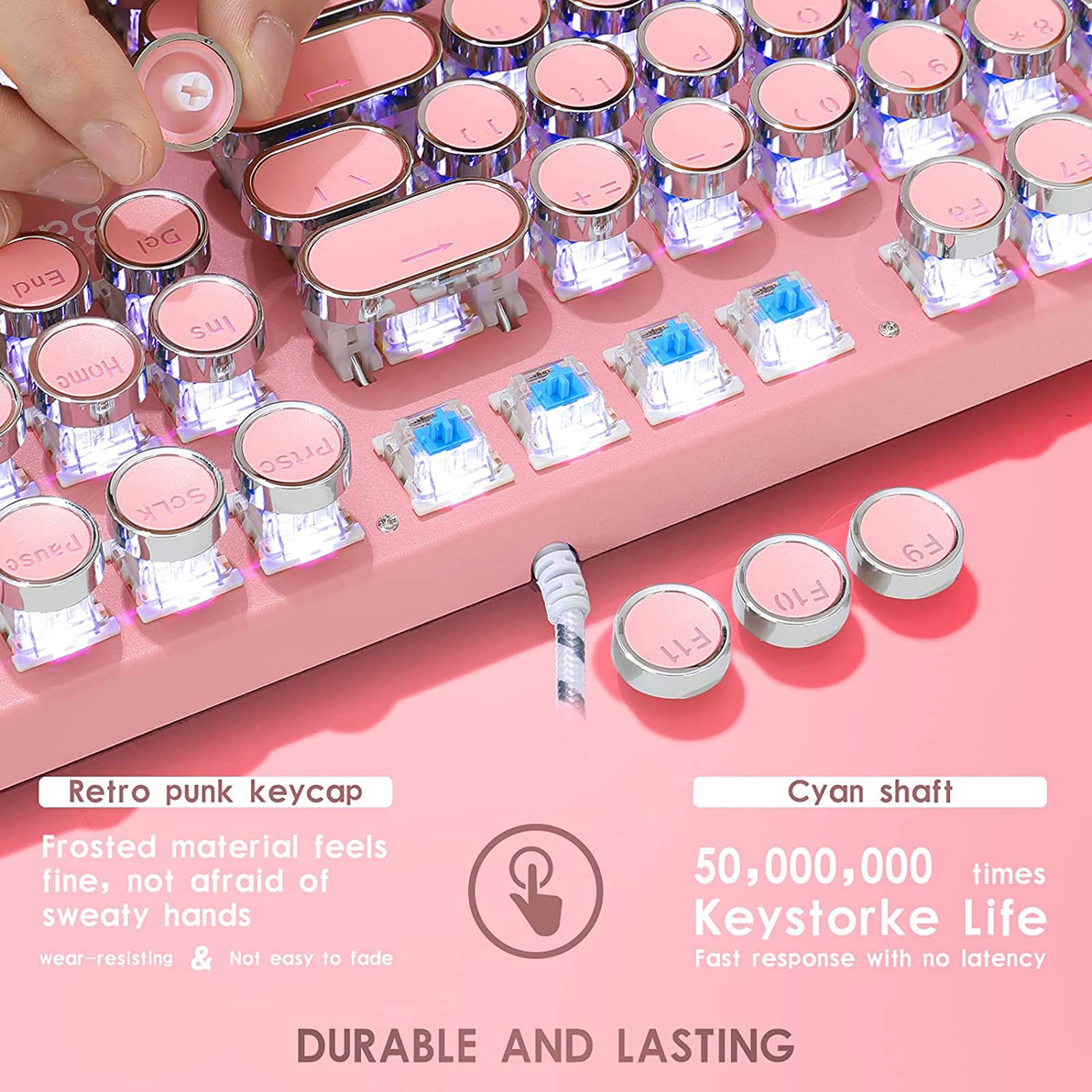 Pink Mechanical Keyboard, Retro Typewriter Keyboard with White LED Backlit USB Wired Keyboards for Gaming and Office, Round Keys Keyboard with Removable Wrist Rest, Multimedia Control for Mac/PC