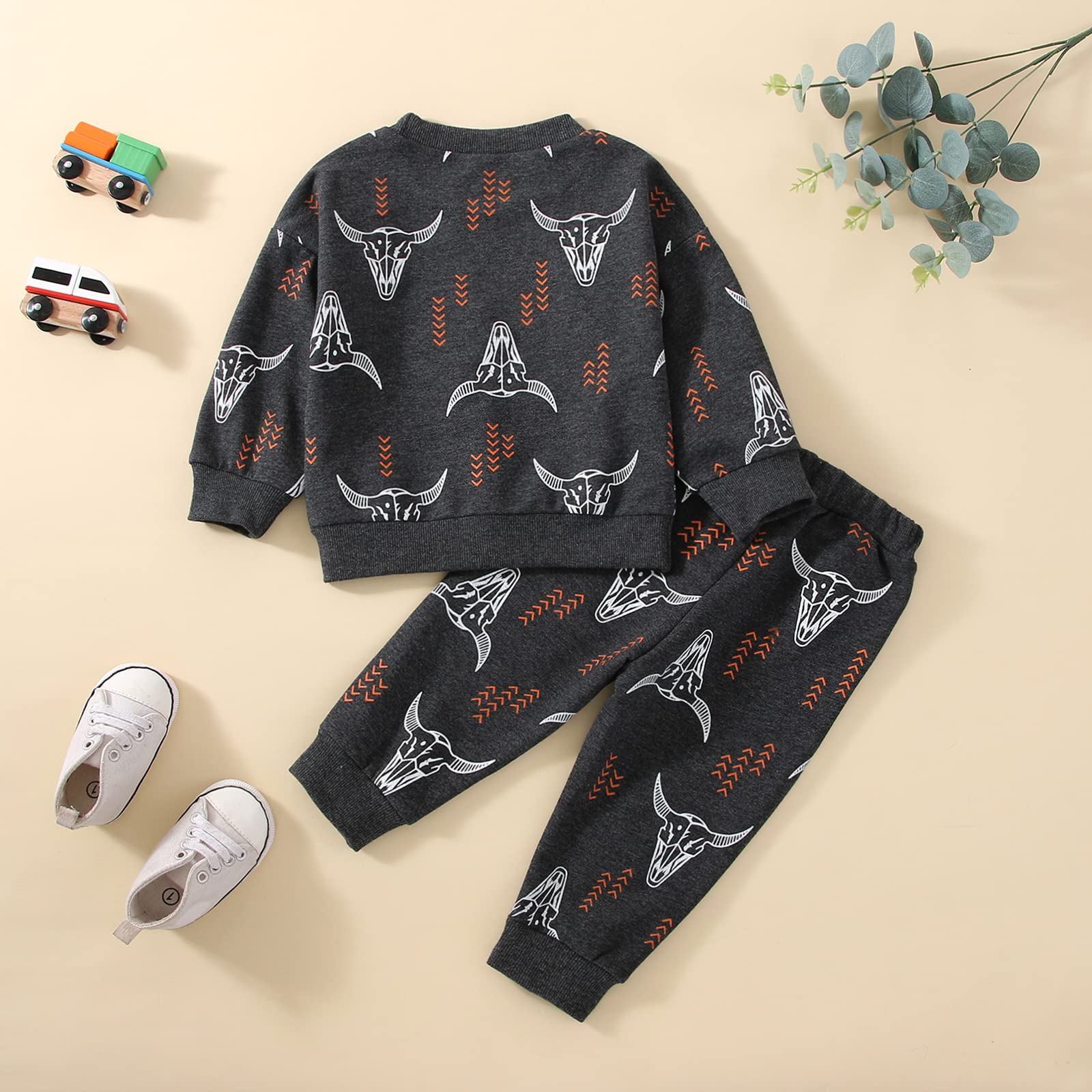 Shvaility Toddler Baby Boy Fall Winter Outfits Long Sleeve Cow Printed Pullover Sweatshirt Tops Pants Sweatsuit Set (Dark Gray , 12-18 Months )