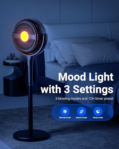 pasapair Pedestal Fan with Light, 12 Speeds Portable Oscillating Fan for Bedroom Adjustable Height, 90°+90° Smart Floor Fans with Remote and 3 Modes,12 Timer, Quiet, Black