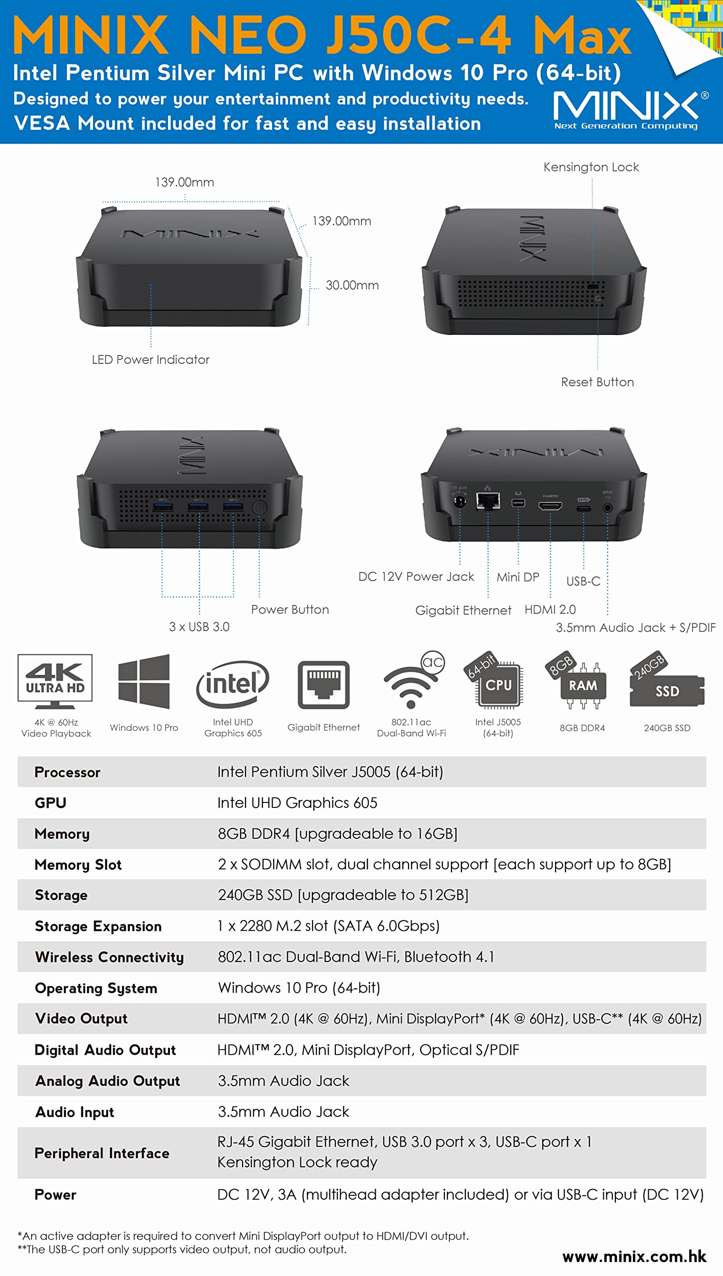 MINIX J50C-4 Max Intel Pentium Silver Mini PC with Windows 10 Pro (64-bit), Designed to Power Your Entertainment and Productivity Needs. (8GB+240GB/Mini PC)