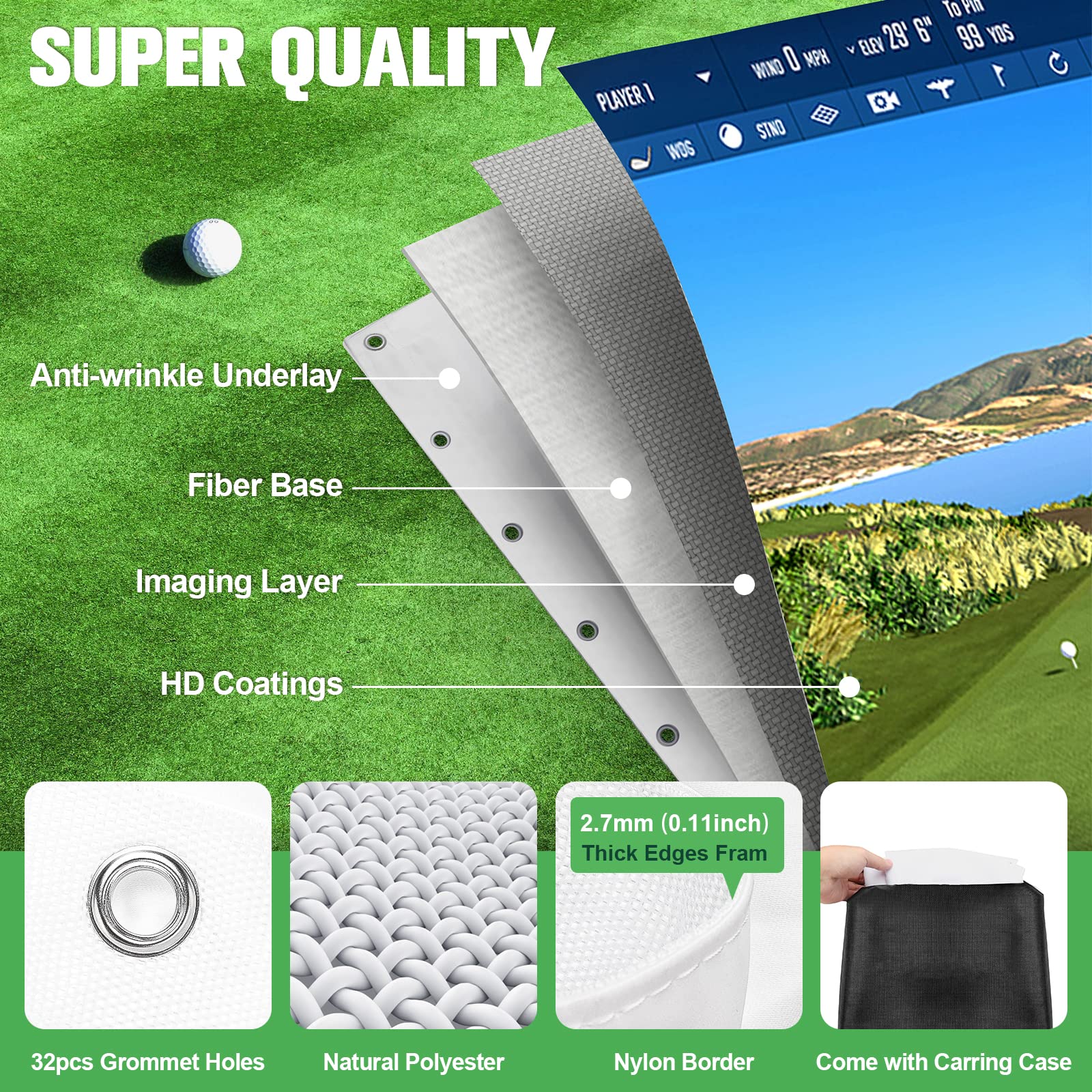 NATBEESY Golf Simulator Impact Screen for Golf Training, Indoor Golf Impact Screen 9.8 ft x 8.5 ft, Come with 38pcs Grommet Holes, Natual Polyester Fabric HD Projection.