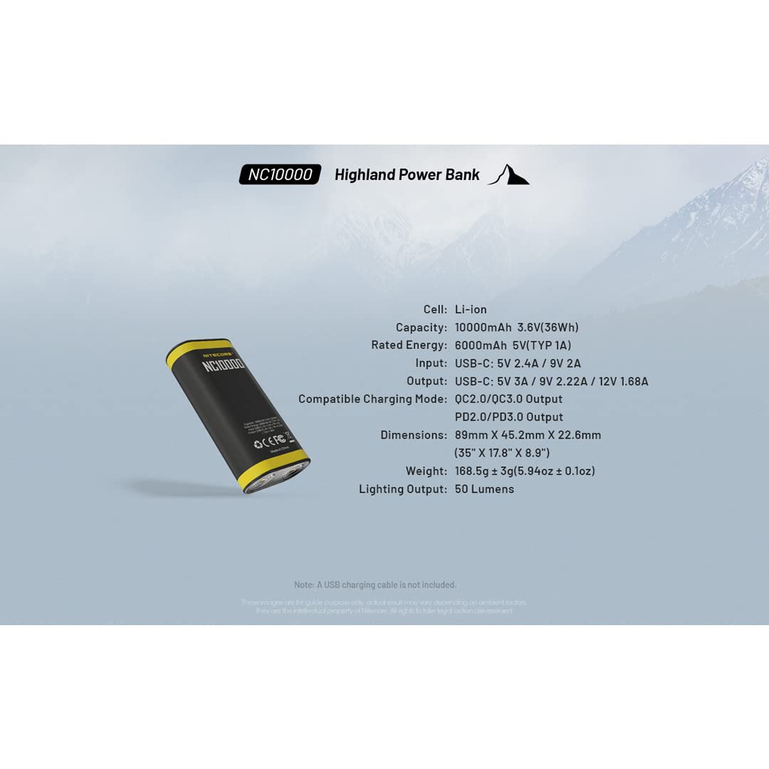 Nitecore NC10000 Outdoor Power Bank with Flashlight, 10000mAh USB-C Fast Charging QC PD with Lumentac Charging Cord