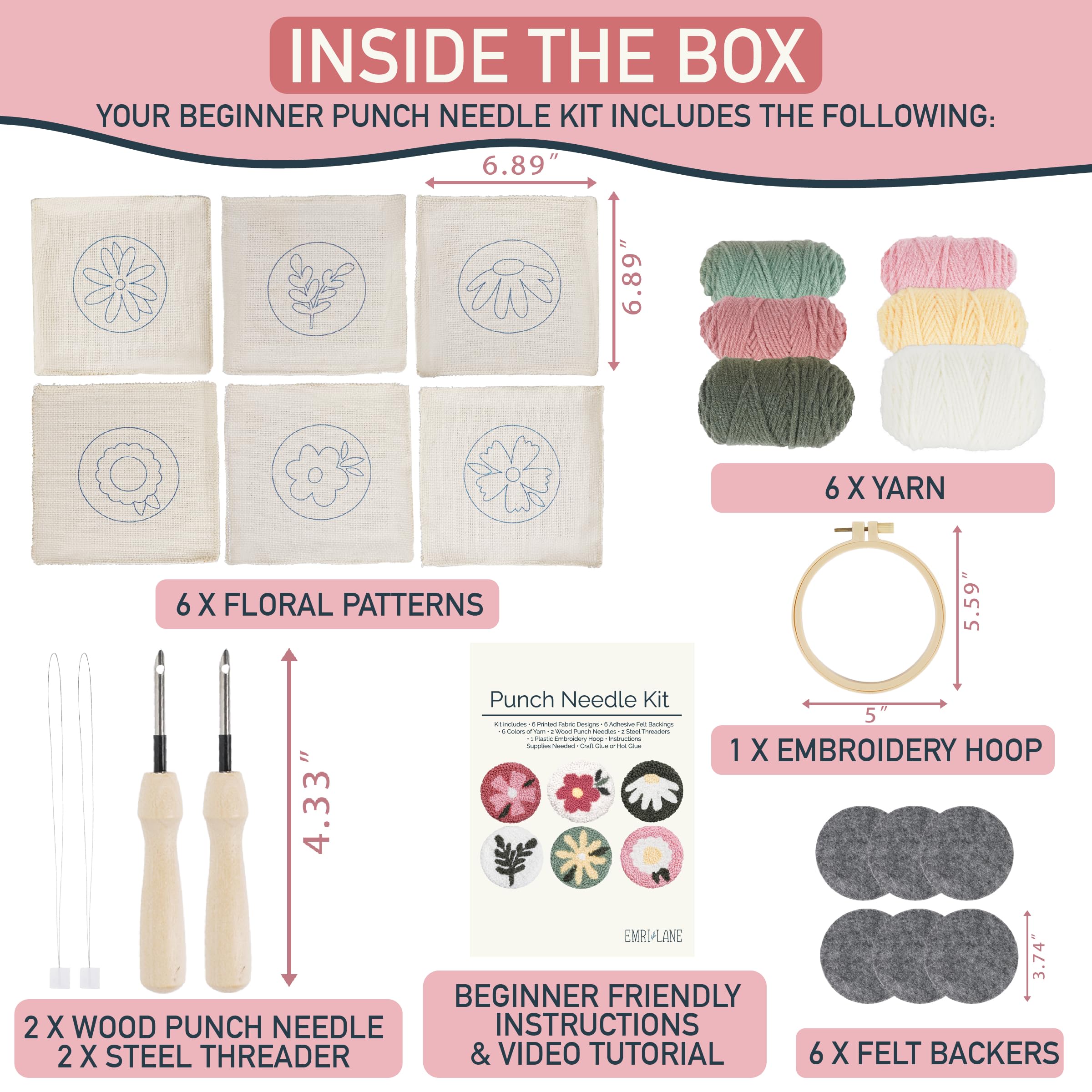 Punch Needle Kit β 6 Floral Design Punch Needle Embroidery Kit w/Monk Cloth, Embroidery Hoop, Yarn & More - Essential Punch Needle Supplies for Crafters - Ideal Punch Art for Beginners