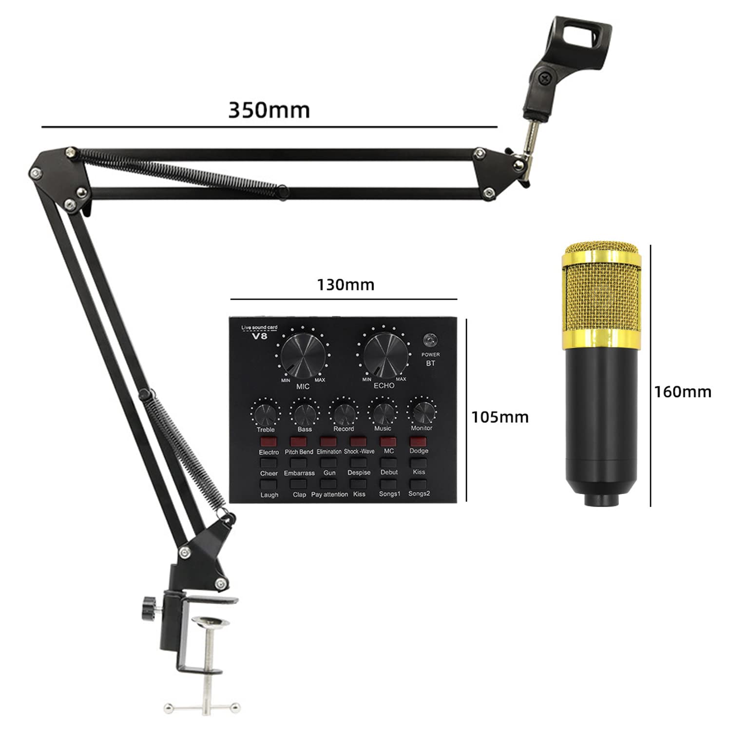 PAsucceed Recording Microphone Kit, BM-800 Microphone Kit with Live Sound Card, Adjustable Microphone Suspension Scissor Arm, Shock Mount and for Studio Recording and Live Chat (Gold)