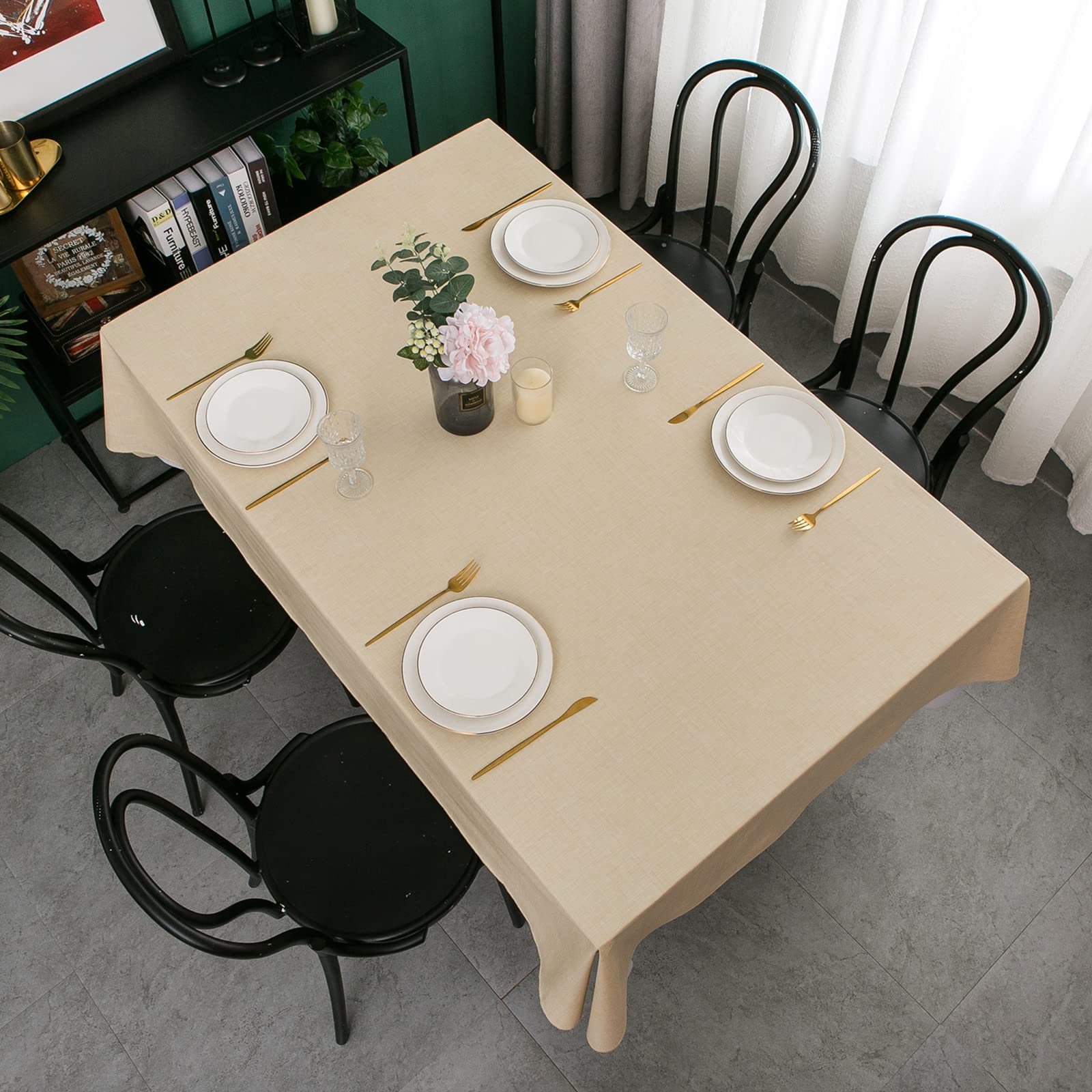 LIBERECOO Vinyl Tablecloth with Flannel Backing Waterproof Oil-Proof Plastic Table Cloth Wipeable PVC Table Cover for Indoor and Outdoor (Champagne Color, 60 x 84 Inch (6-8 Seats))