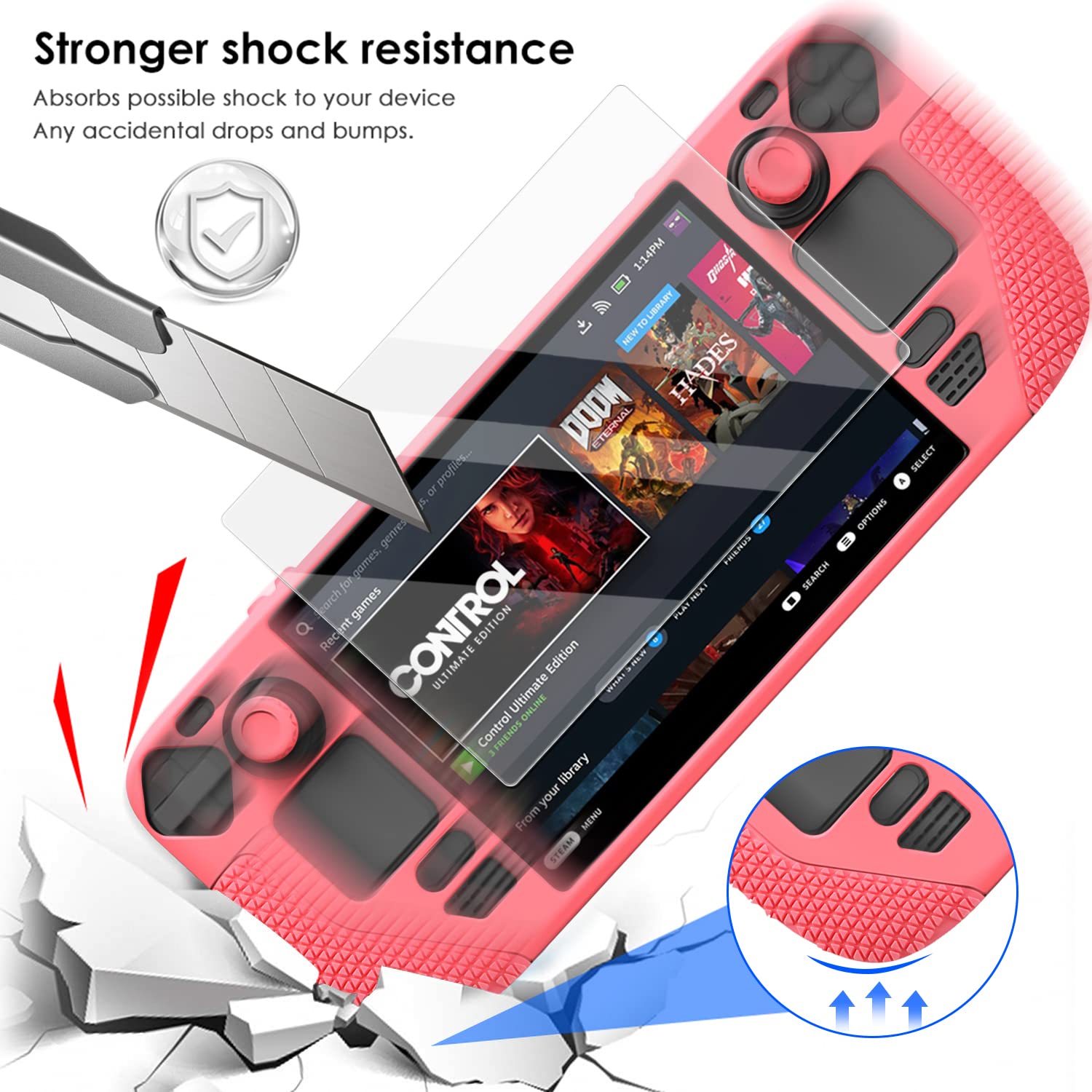 PAKESI Protective Case for Steam Deck with 2 Pack Screen Protector, Thickened Soft Silicone Shockproof Protective Cover,Ergonomic Grip Case Console,Individuality Texture Accessories (Pink)