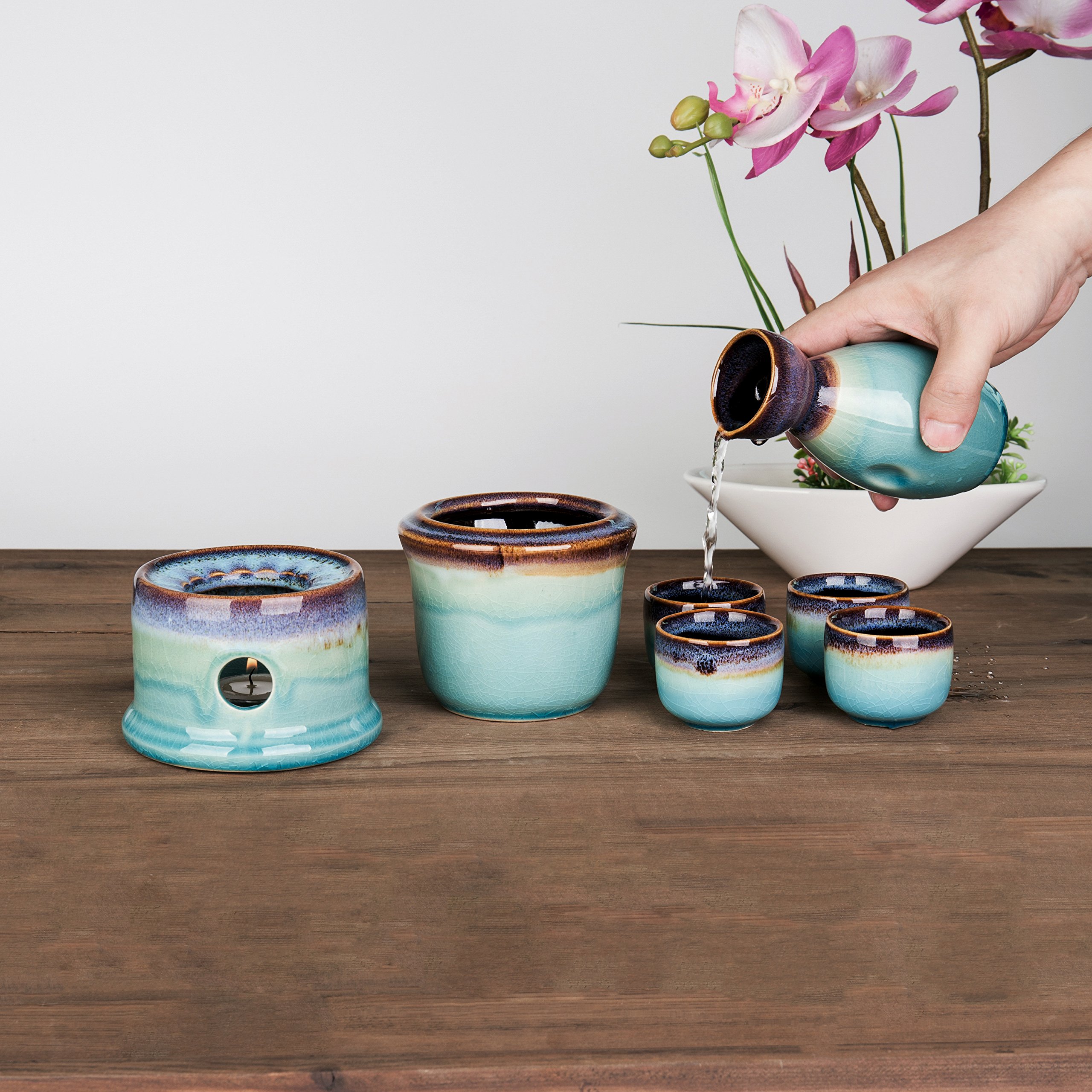 MyGift 7 Pc Sake Set with Warmer, Japanese Style Blue and Purple Ceramic Sake Serving Gift Set with 7.4 oz Bottle Carafe, 4 Ochoko 1.7 oz Cups and Warmer