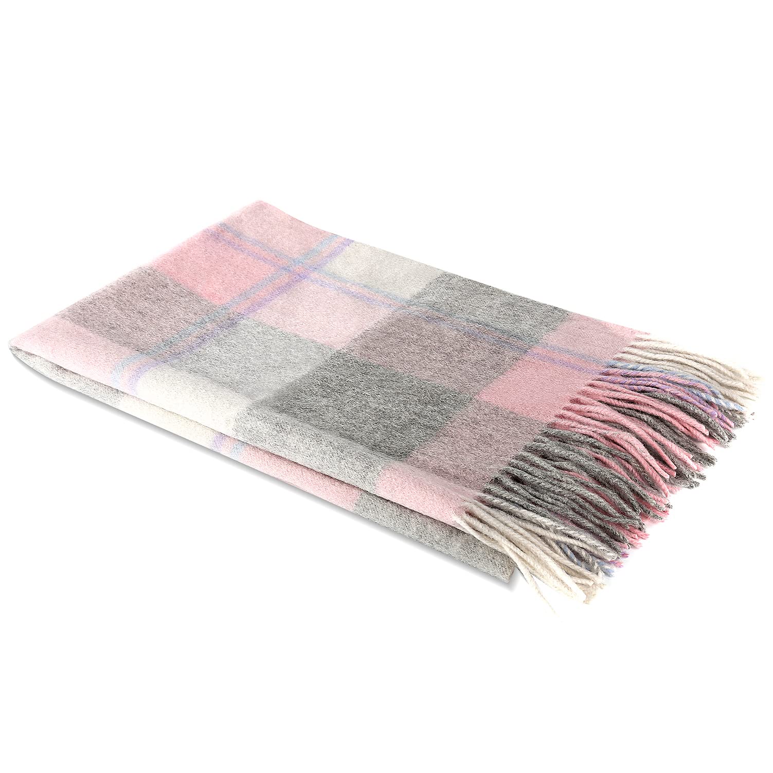 INTE IVE CARE 100% pure Cashmere Scarf with Fringed Edges, Super large size for Men and Women,Warm & Soft,Colors Available in Solid/Plaid (Plaid color&Pink gray)