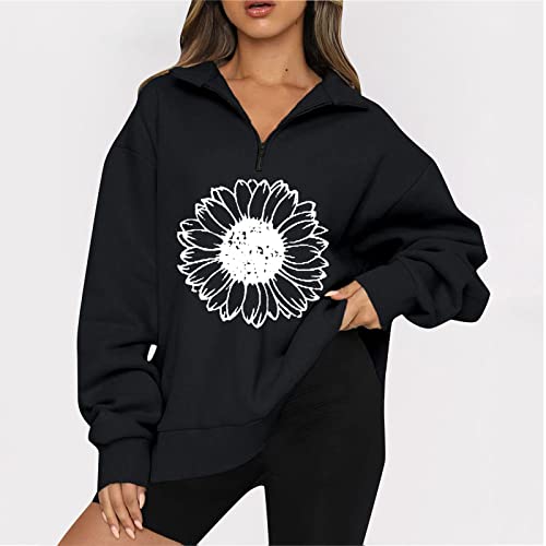 Lmzaren Womens Fashion Padded Sweatwear Solid Color Fall and Winter 1/4 Zipper Sweatshirt Casual Loose Tops Pullover