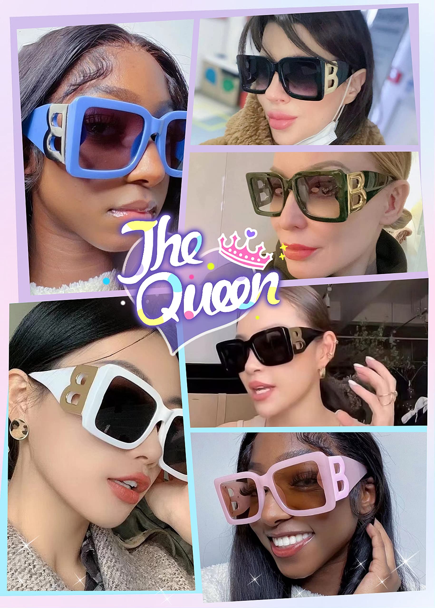 NLEYANB 6 Packs Wholesale Y2K Oversized B Rectangle Square Sunglasses Bulk for Women Men UV400