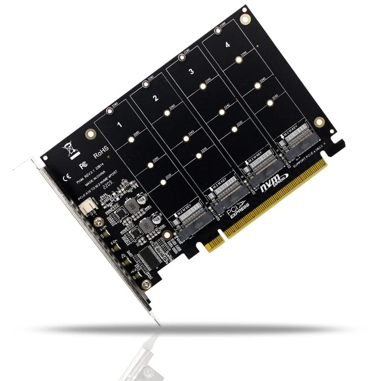 PH44 M.2 NVMe PCIe Adapter 4.0 X16 Expansion Card NVMe SSD 4.0/3.0 High Speed 4x32Gbps Soft RAID Card with Separate LED Indicator for PC Desktop Support 2230 2242 2260 2280