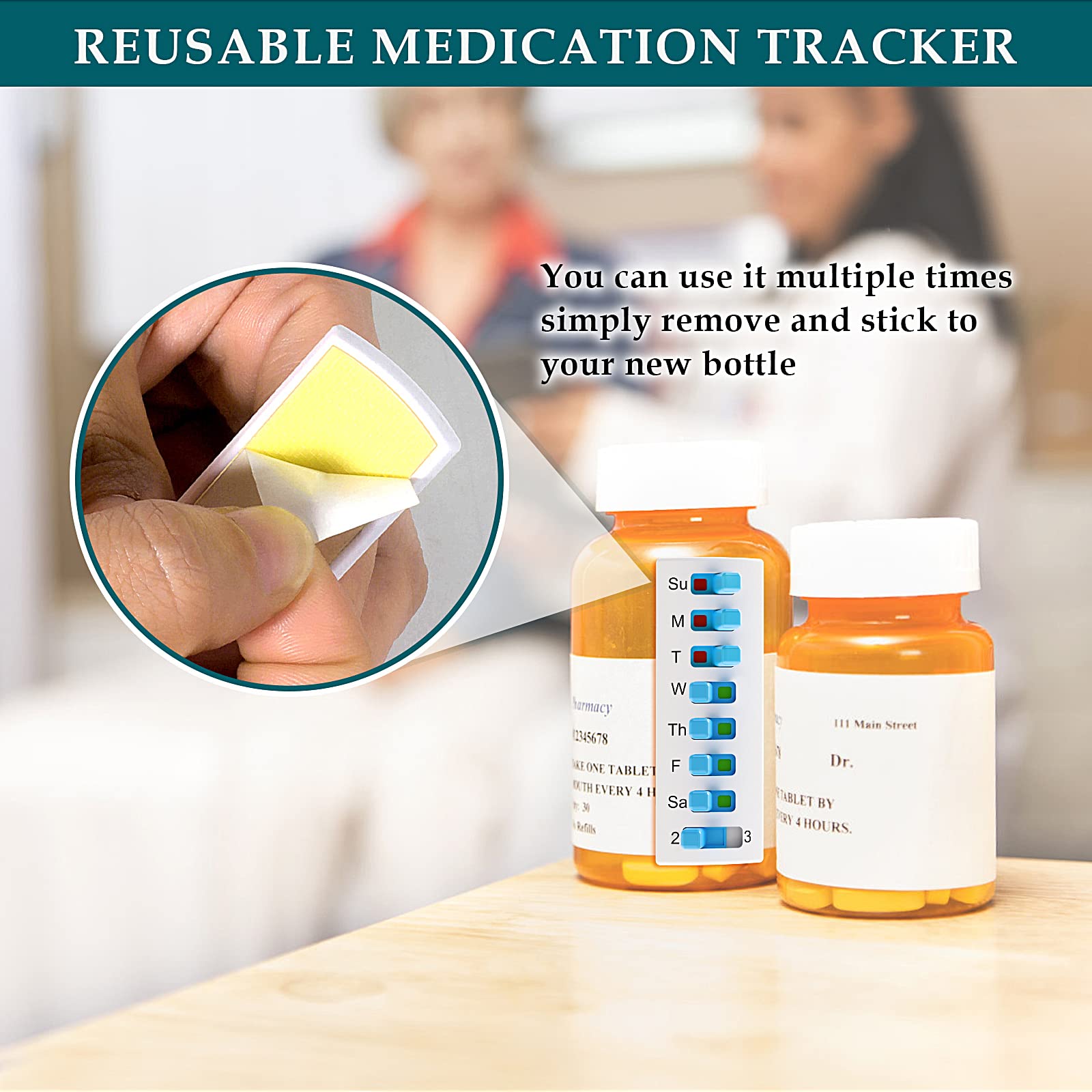 Pill Reminder 5Pack,Pill Tracker(Slide left to right),Reusable Medication Tracker on bottle,Easy to use Medicine Reminder,3 times a day 7 days a week Convenient Medicine Reminder For Home