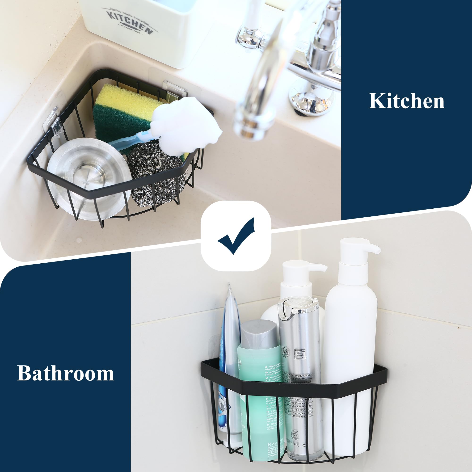 Sea Team Adhesive Corner Caddy, Sink Organizer, Soap, Drain Plug, Sponge Holder, Multifunctional Rustproof Carbon Steel Storage Basket, Wall Mounted Shelf Rack for Kitchen, Bathroom, Charcoal