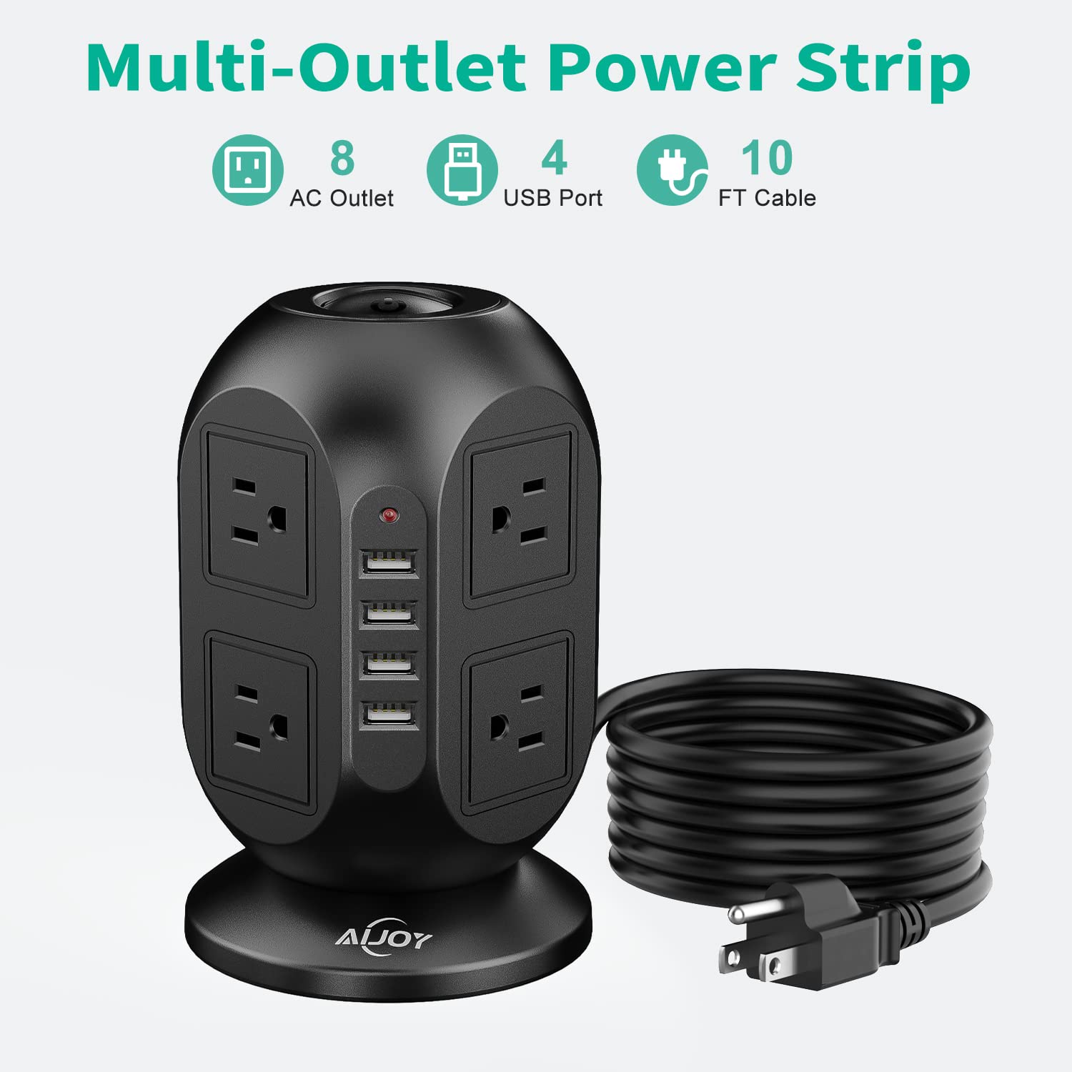 Power Strip Tower with USB Ports, AiJoy Surge Protector with 8 AC Outlets and 4 USB Ports, Fast Charging Station with Extension Cord 10FT, Office Supplies & Dorm Essentials