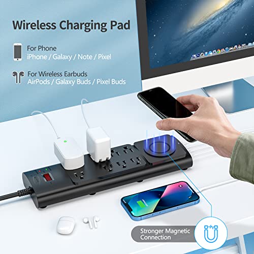 Power Strip with Wireless Charger, Bototek Power Strip Surge Protector (2980 Joules) Wireless Charger with 8 AC Outlets and 4 USB Ports,1875W/15A, 6 ft Extension Cord (8 Outlets)
