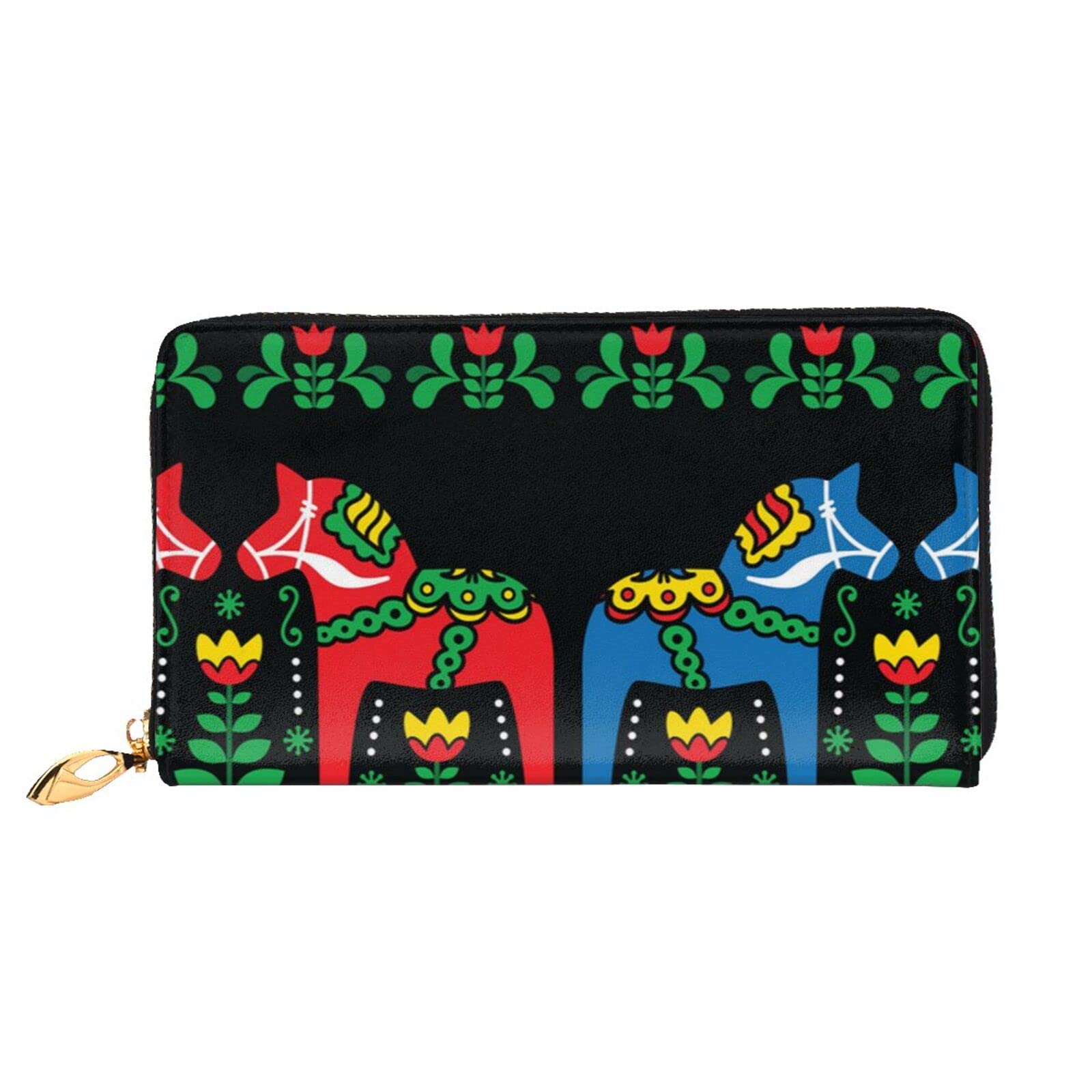 Runner Swedish Dala Horse Folk Printed Men'S And Women'S Leather Wallets, Large Capacity Wallets, Long Clutch Bags, Portable Wristlet With Zipper