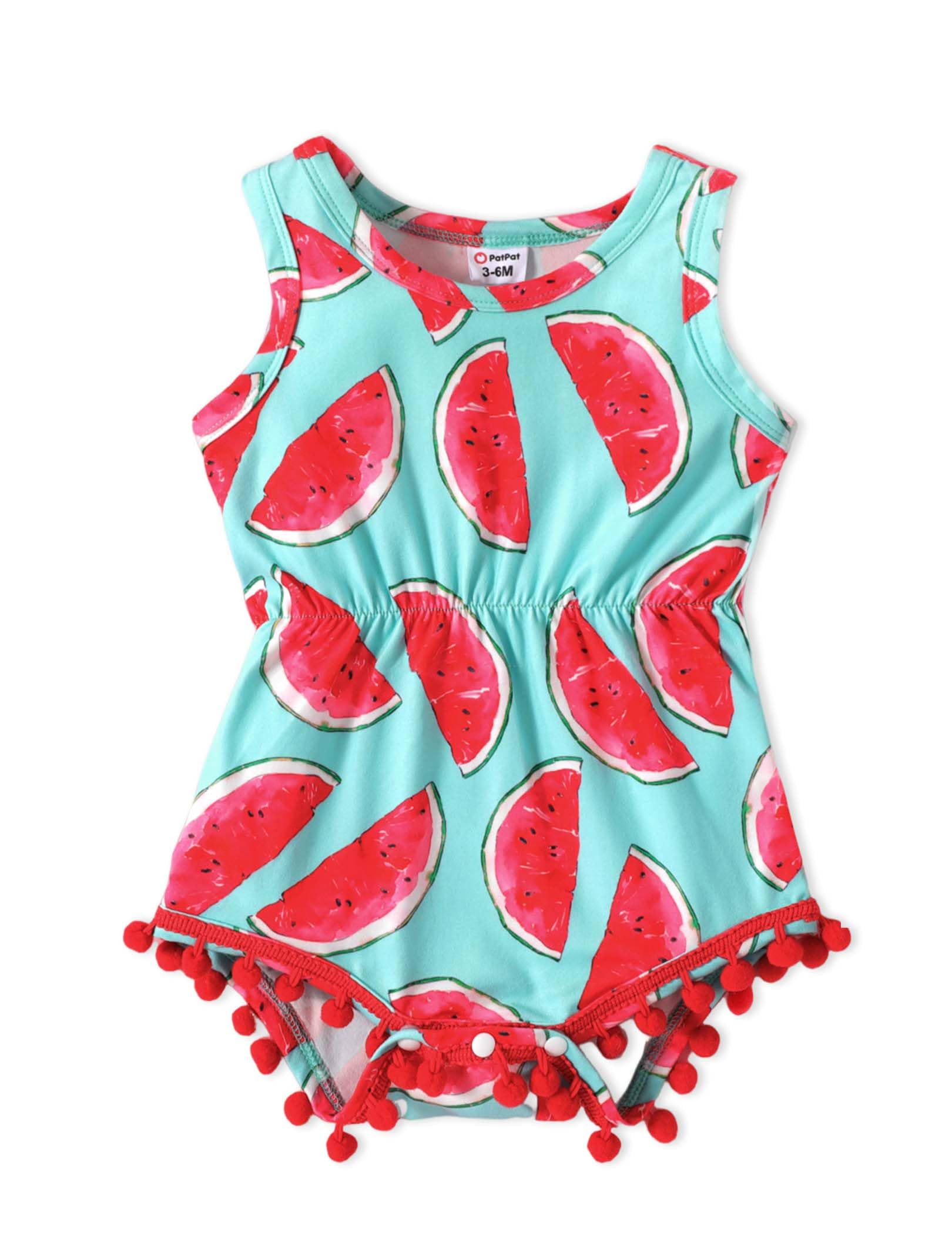 PATPAT Baby Girl Floral Romper Sleeveless Pompom Tassel Bodysuit Infant Jumpsuit Outfit Set with Headband 0-18 Months Watermelon 3-6 Months
