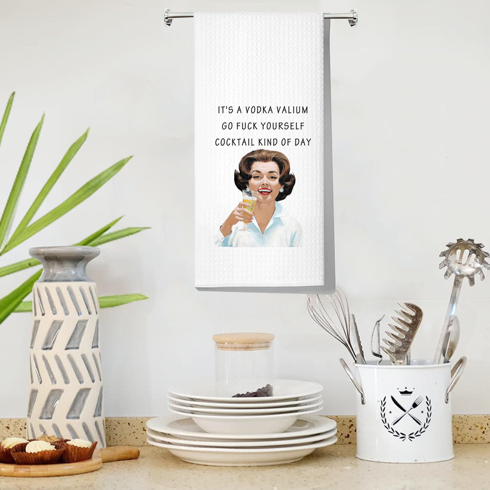 LEVLO Funny Retro Sassy Kitchen Towel Retro Housewife Gift It's a Vodka Valium Go F*ck Yourself Cocktail Kind of Day Tea Towels Waffle Weave Kitchen Decor Dish Towels (It's a Vodka)