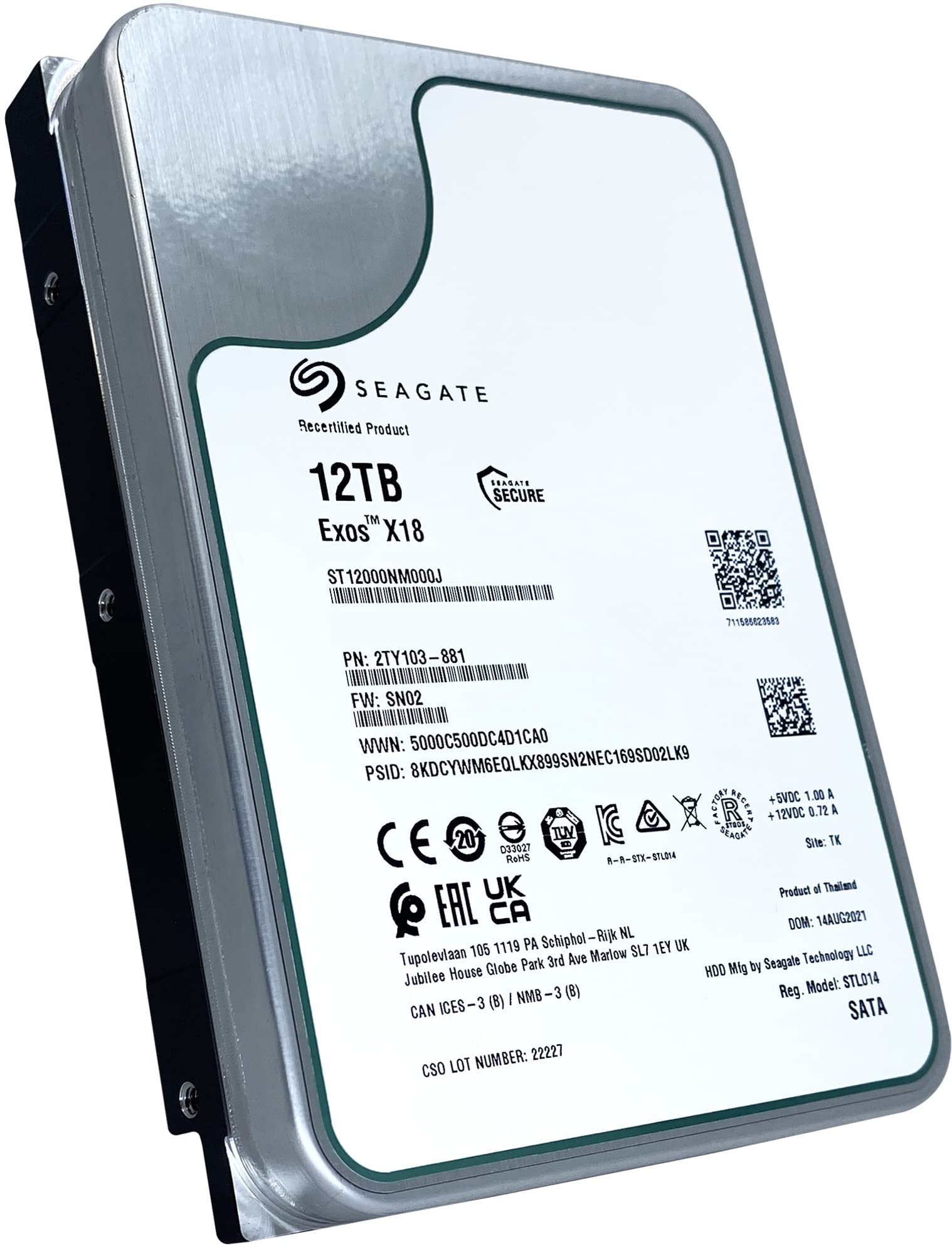 Seagate Exos X18 12TB 7200 RPM 512e/4Kn SATA 6Gb/s 256MB Cache 3.5-Inch Enterprise HDD (ST12000NM000J) (Renewed)