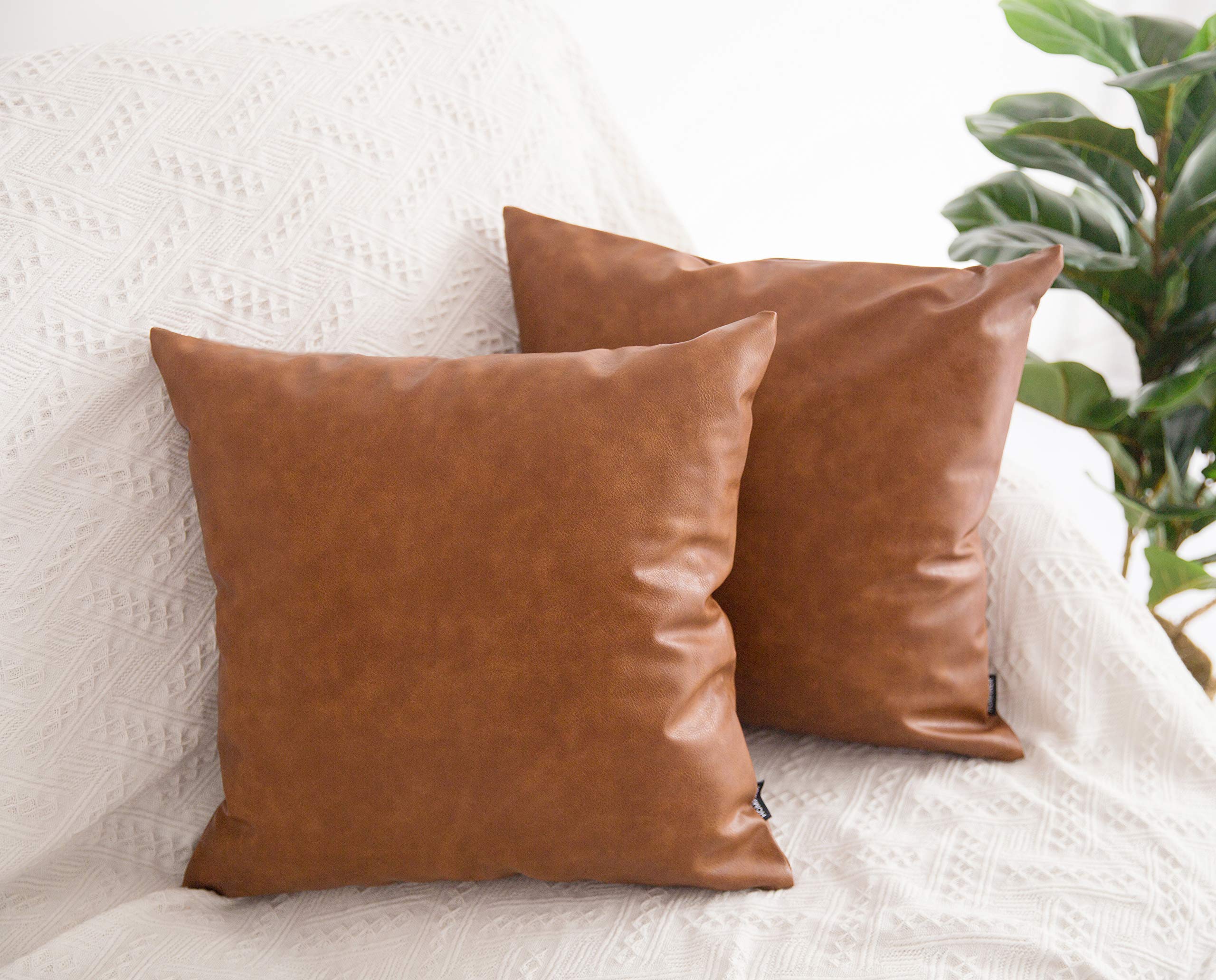 HOMFINER Faux Leather Throw Pillow Covers, 18 x 18 inch Set of 2 Thick Cognac Brown Modern Solid Decorative Square Bedroom Living Room Cushion Cases for Couch Bed Sofa