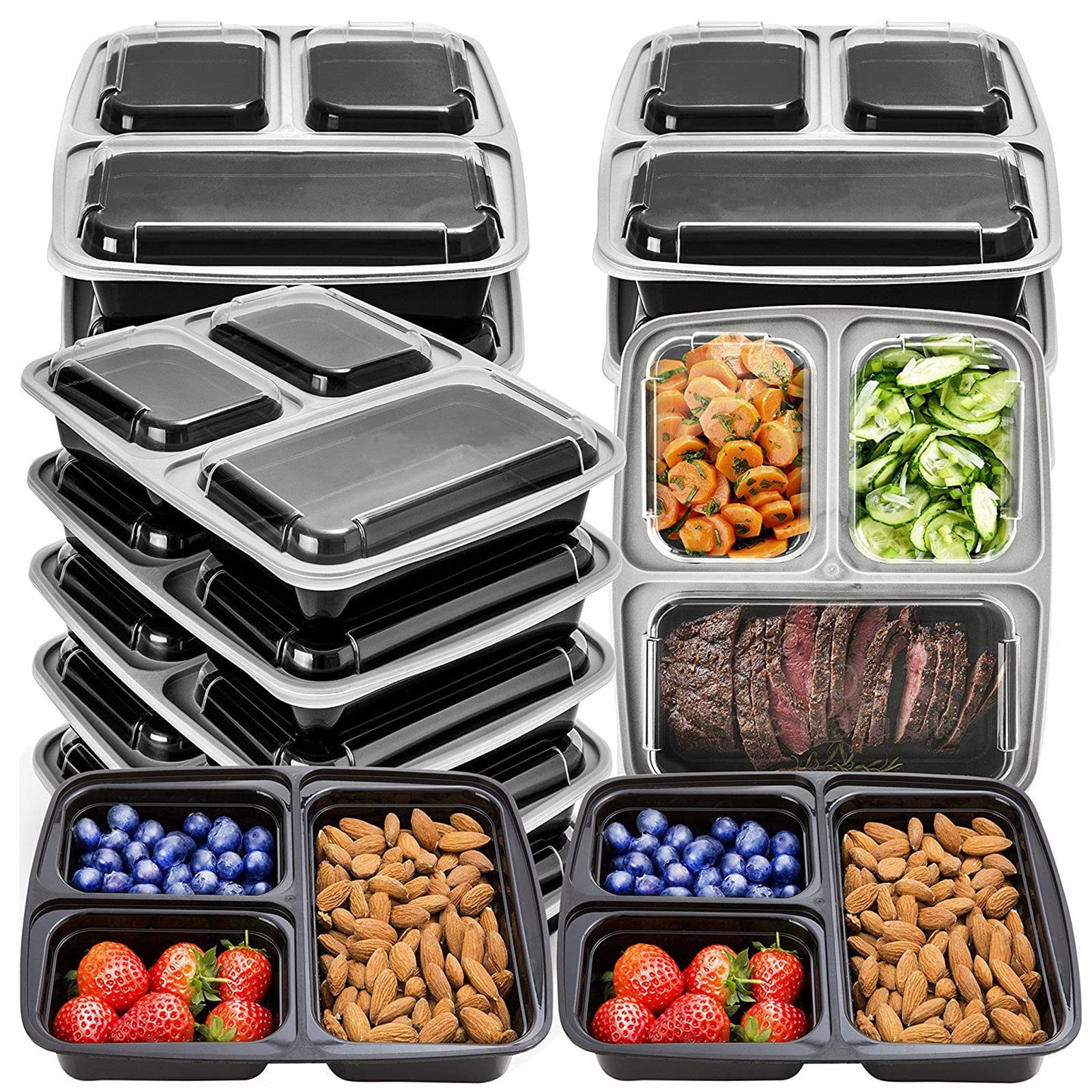 MORDEN MS Meal Prep Container With Lids, 50 Pack 3 Compartment Reusable Food Storage Container Divided Plastic Bento Lunch Box To-go Boxes(33oz)