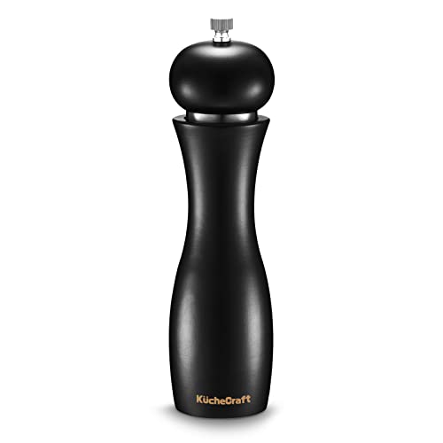 KucheCraft Wooden Pepper Grinder Refillable - Premium Beech Wood Pepper Mill Grinder with Adjustable Ceramic Grinder - 8 In Manual Matte Black Peppermill
